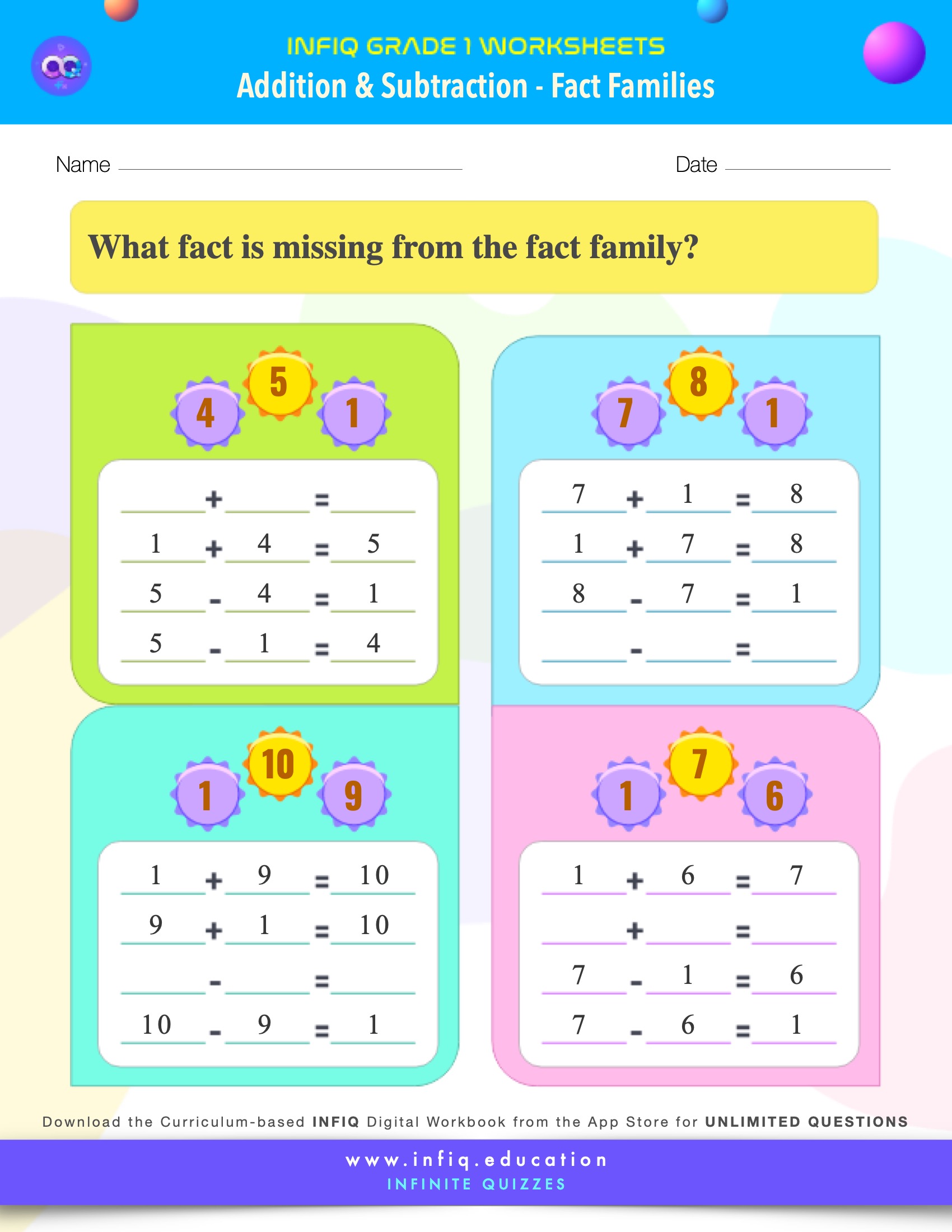 INFIQ | GRADE 1 Math Worksheets- Addition & Subtraction - Fact Families
