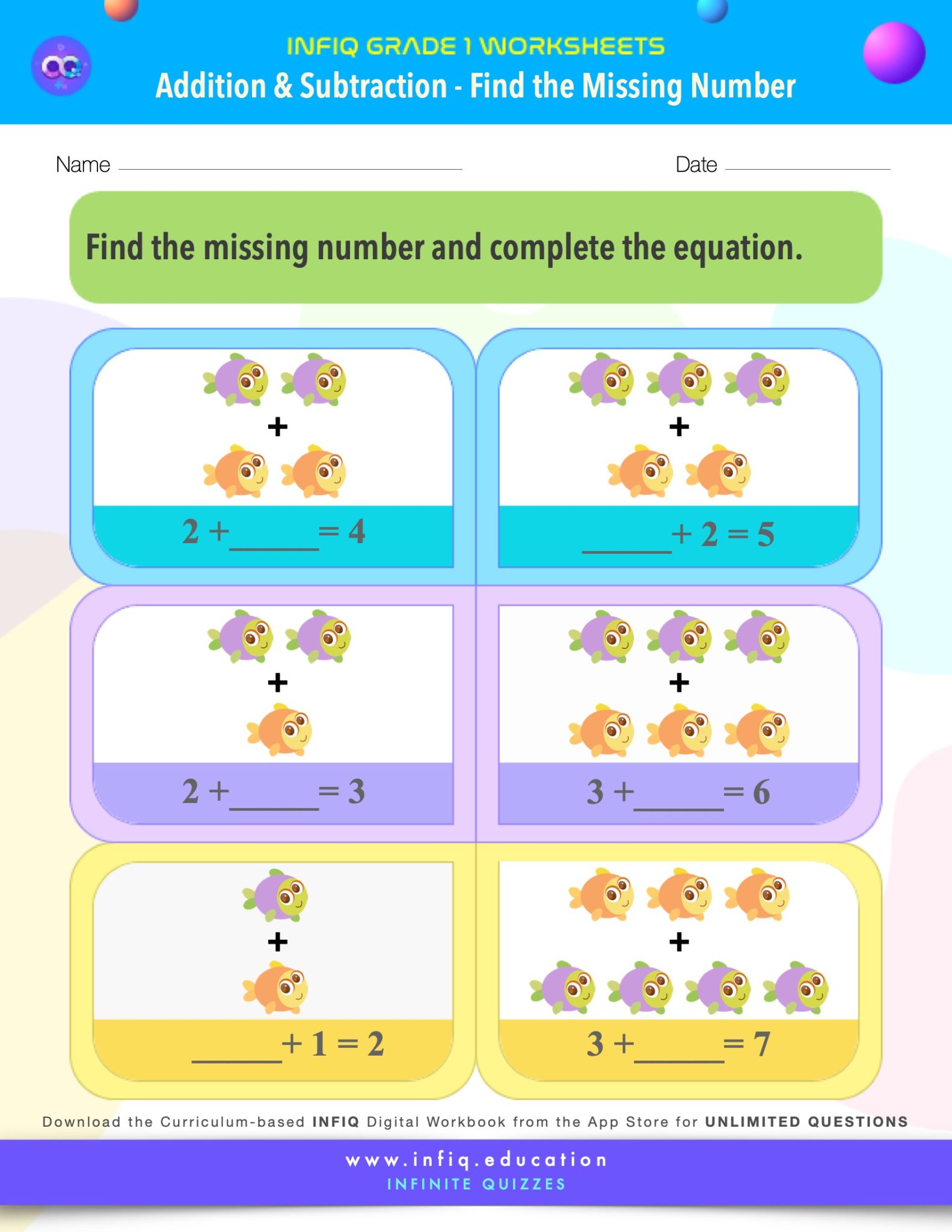 INFIQ | GRADE 1 Math Worksheets- Addition & Subtraction - Find the ...