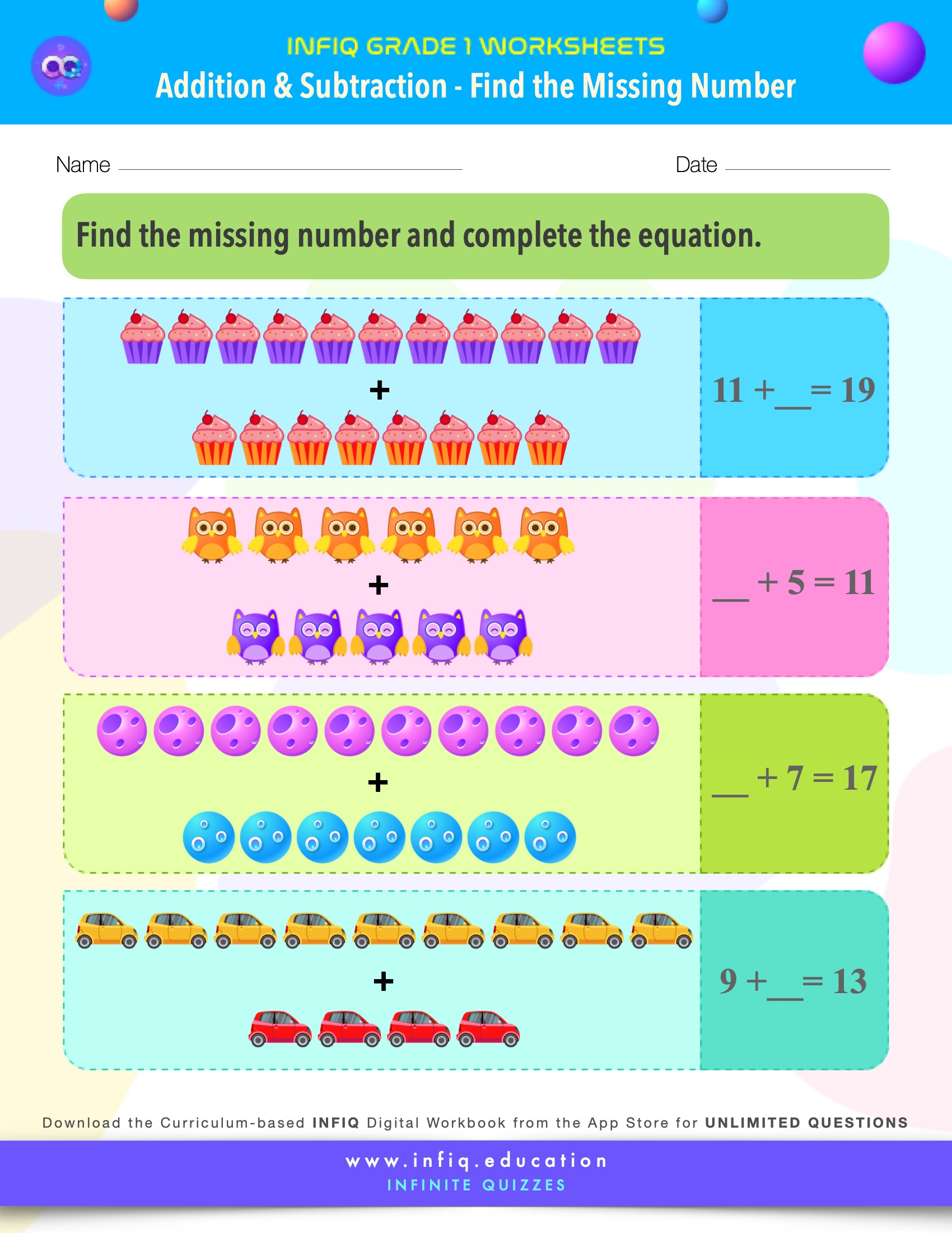 INFIQ | GRADE 1 Math Worksheets- Addition & Subtraction - Find the ...