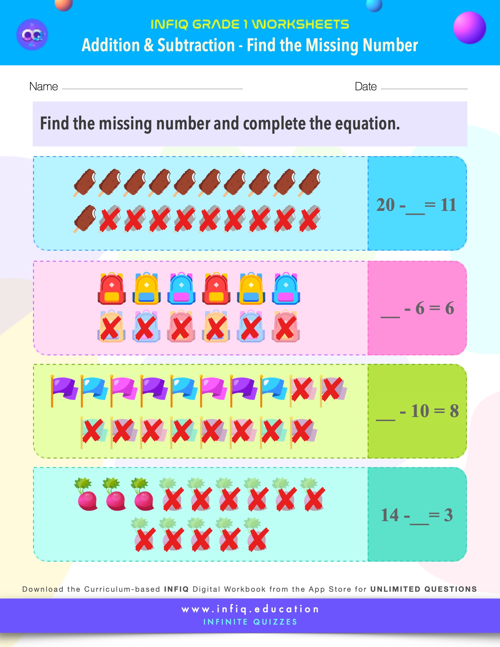 INFIQ | GRADE 1 Math Worksheets- Addition & Subtraction - Find the ...