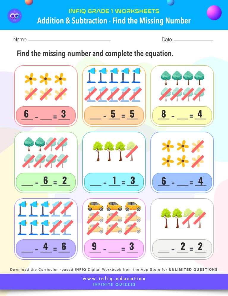 INFIQ | GRADE 1 Math Worksheets- Addition & Subtraction - Find the ...