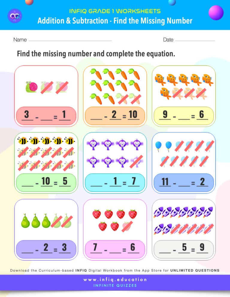 INFIQ | GRADE 1 Math Worksheets- Addition & Subtraction - Find the ...