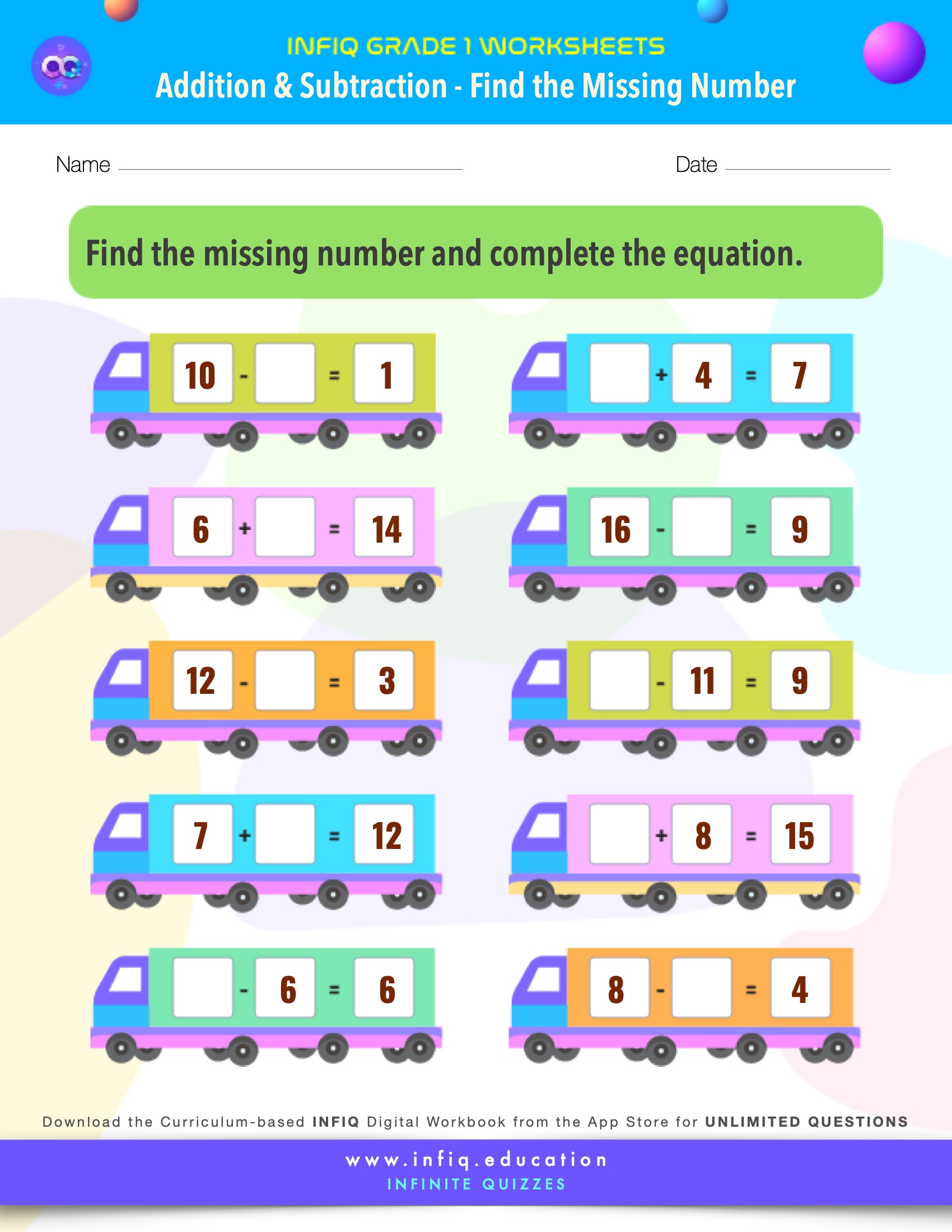 INFIQ | GRADE 1 Math Worksheets- Addition & Subtraction - Find the ...