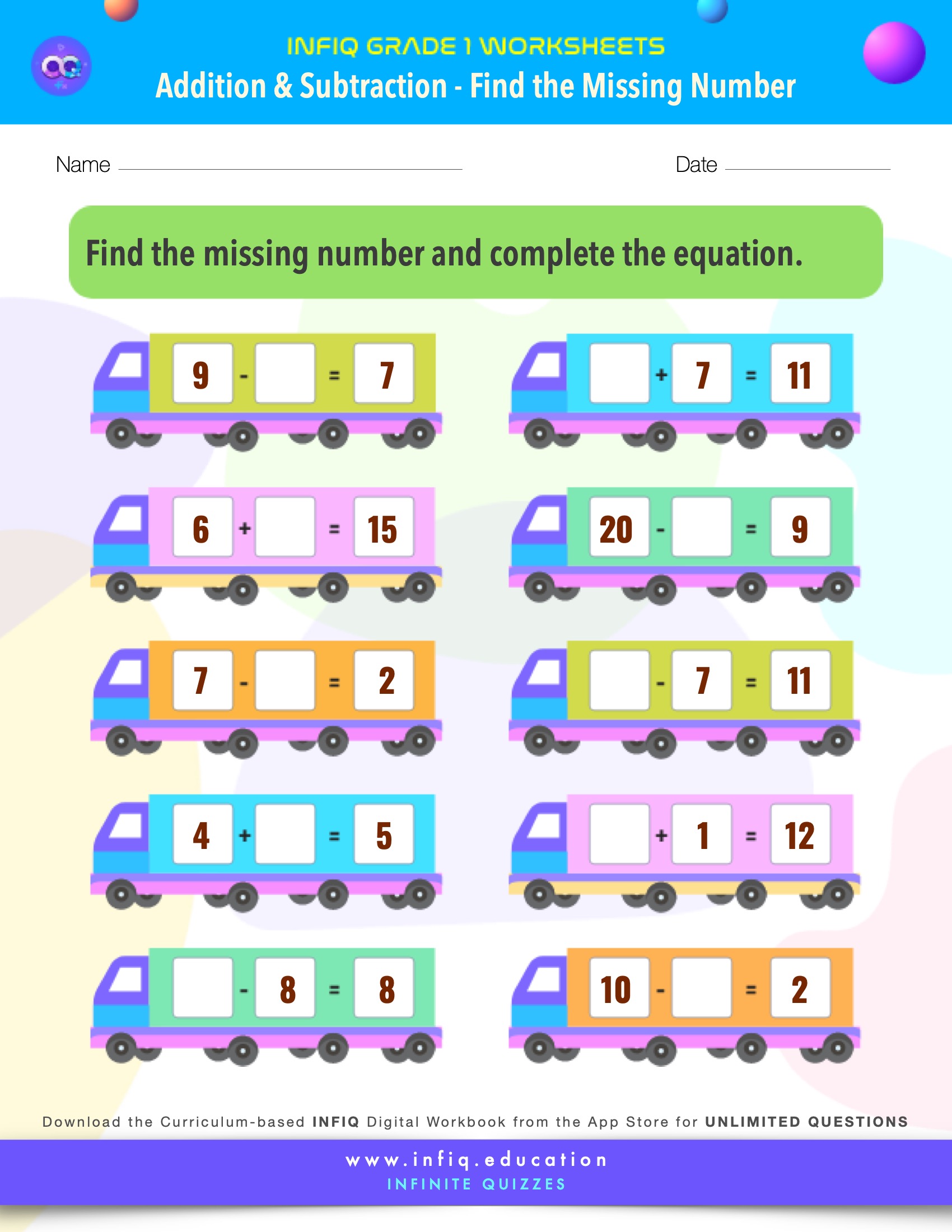 INFIQ | GRADE 1 Math Worksheets- Addition & Subtraction - Find the ...