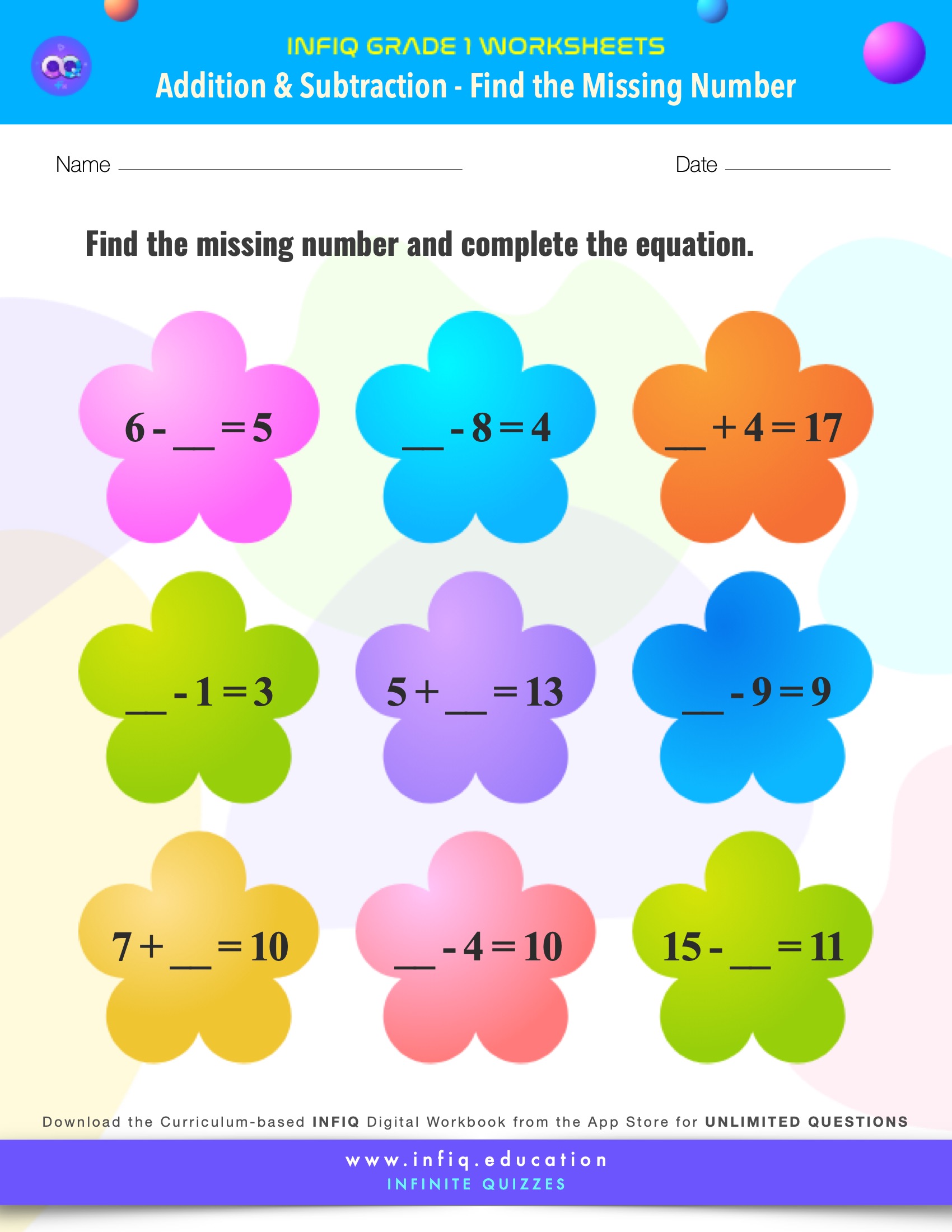 INFIQ | GRADE 1 Math Worksheets- Addition & Subtraction - Find the ...