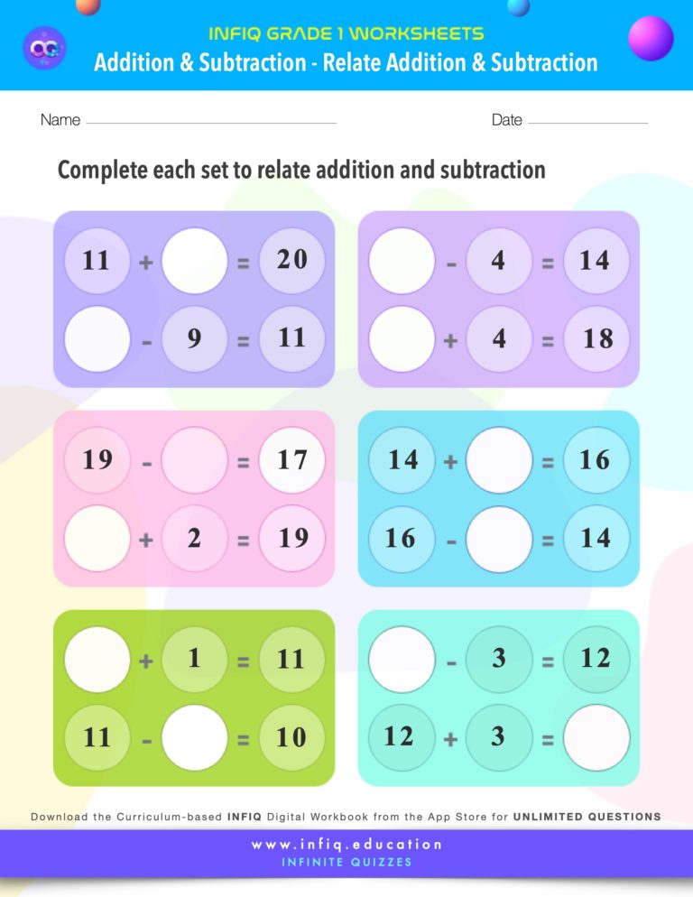 INFIQ | GRADE 1 Math Worksheets- Addition & Subtraction - Relate ...