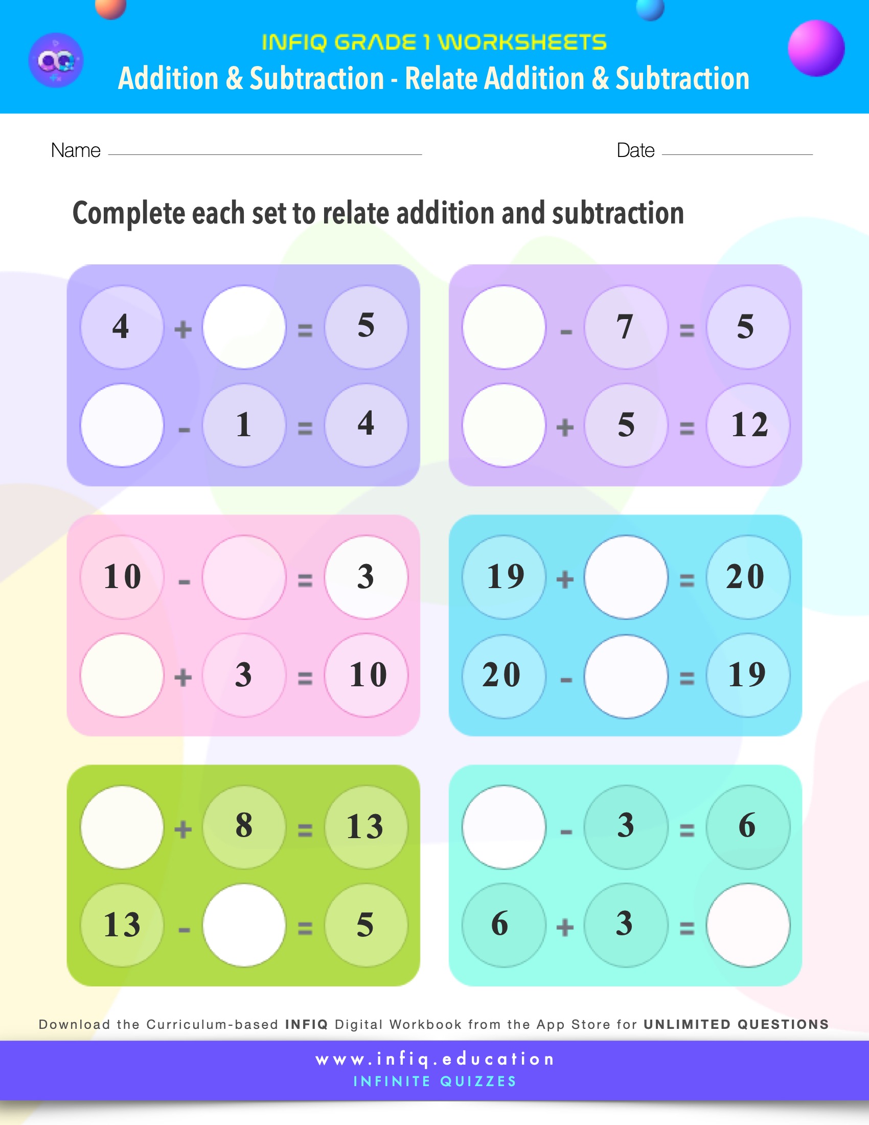 INFIQ | GRADE 1 Math Worksheets- Addition & Subtraction - Relate ...