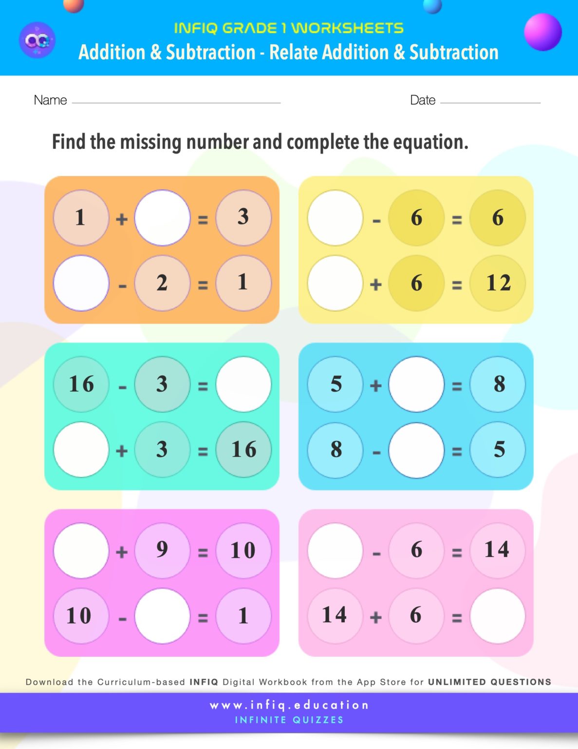 INFIQ | GRADE 1 Math Worksheets- Addition & Subtraction - Relate ...