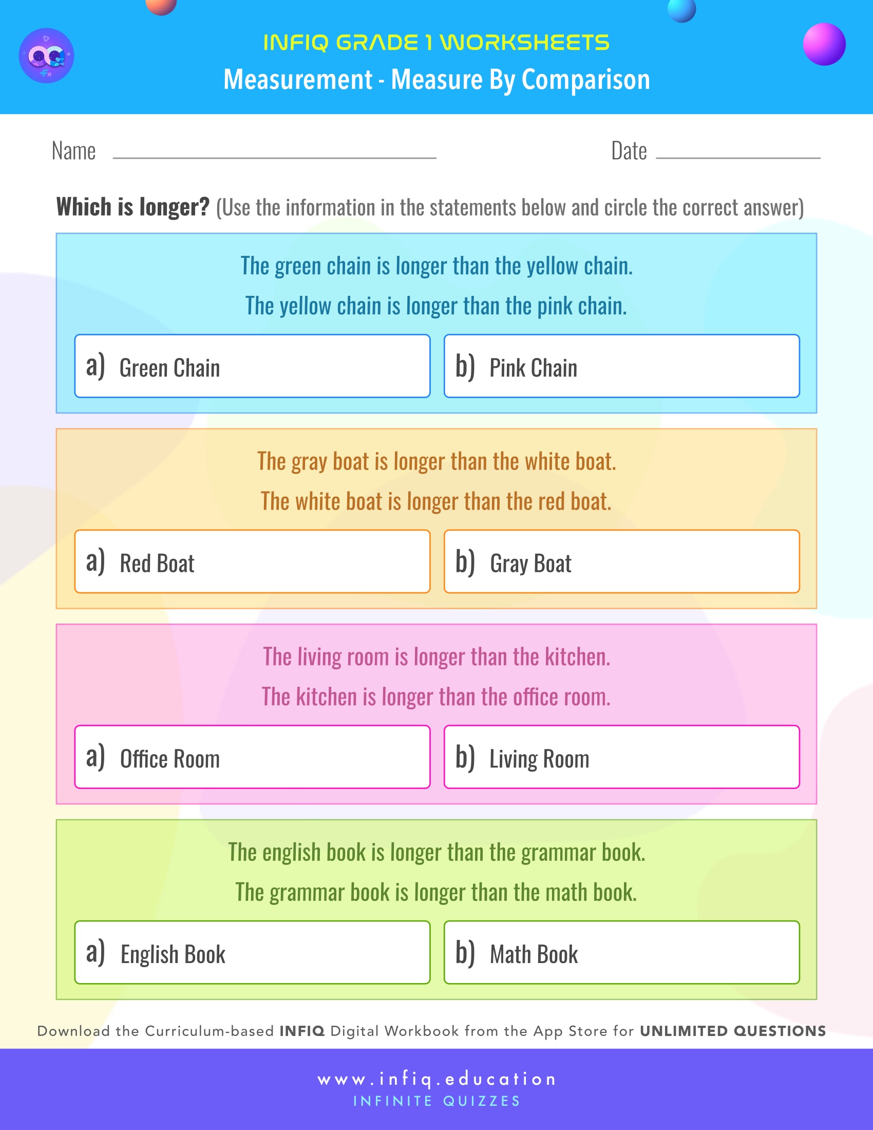 INFIQ | GRADE 1 Math Worksheets- Measurement - Measure By Comparison