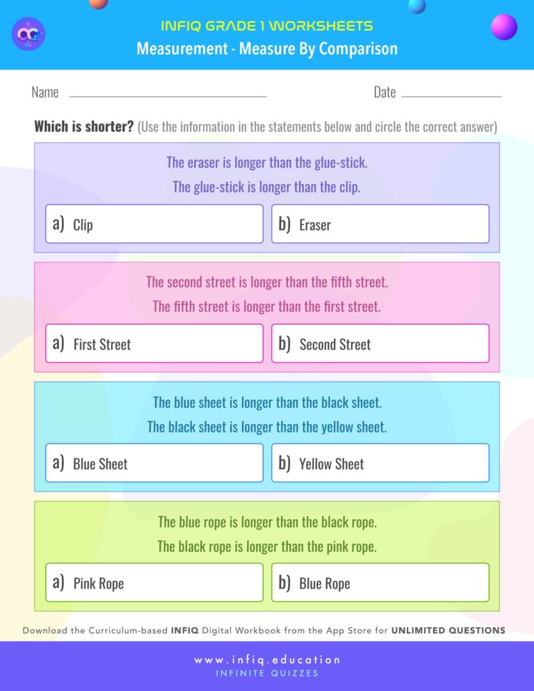 INFIQ | GRADE 1 Math Worksheets- Measurement - Measure By Comparison