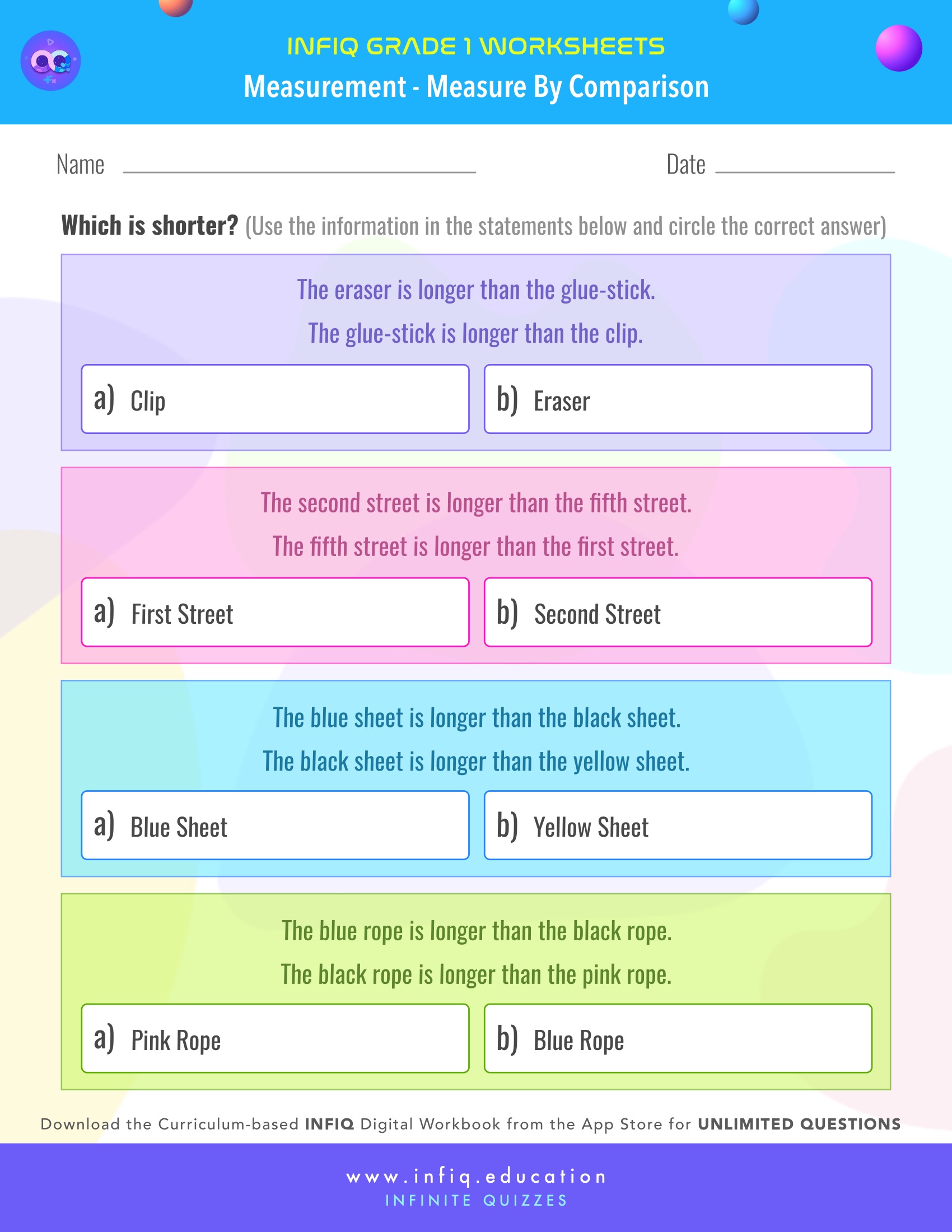 INFIQ | GRADE 1 Math Worksheets- Measurement - Measure By Comparison