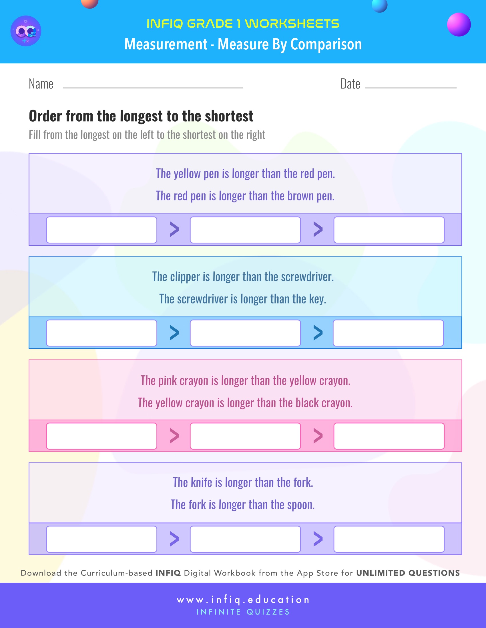 INFIQ | GRADE 1 Math Worksheets- Measurement - Measure By Comparison