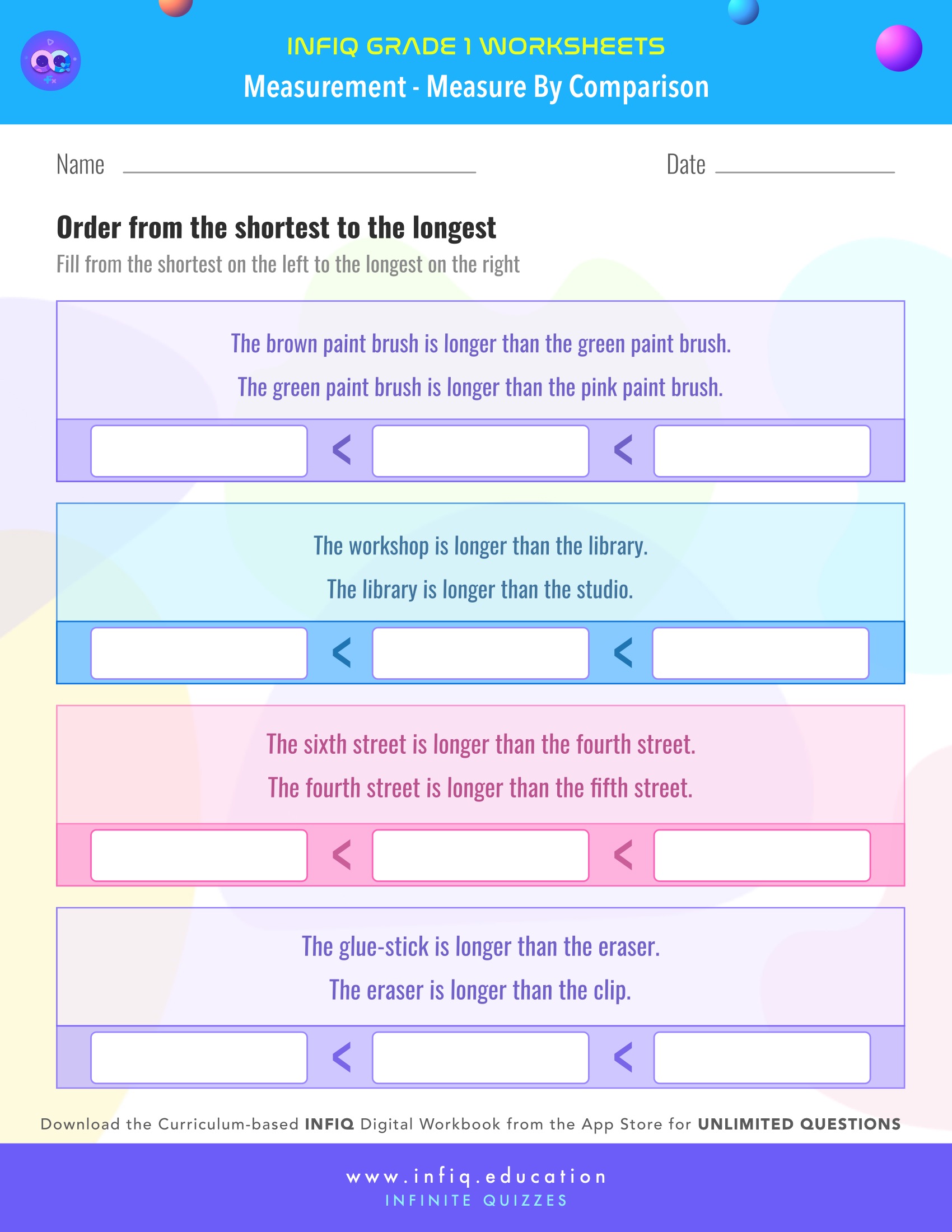 INFIQ | GRADE 1 Math Worksheets- Measurement - Measure By Comparison