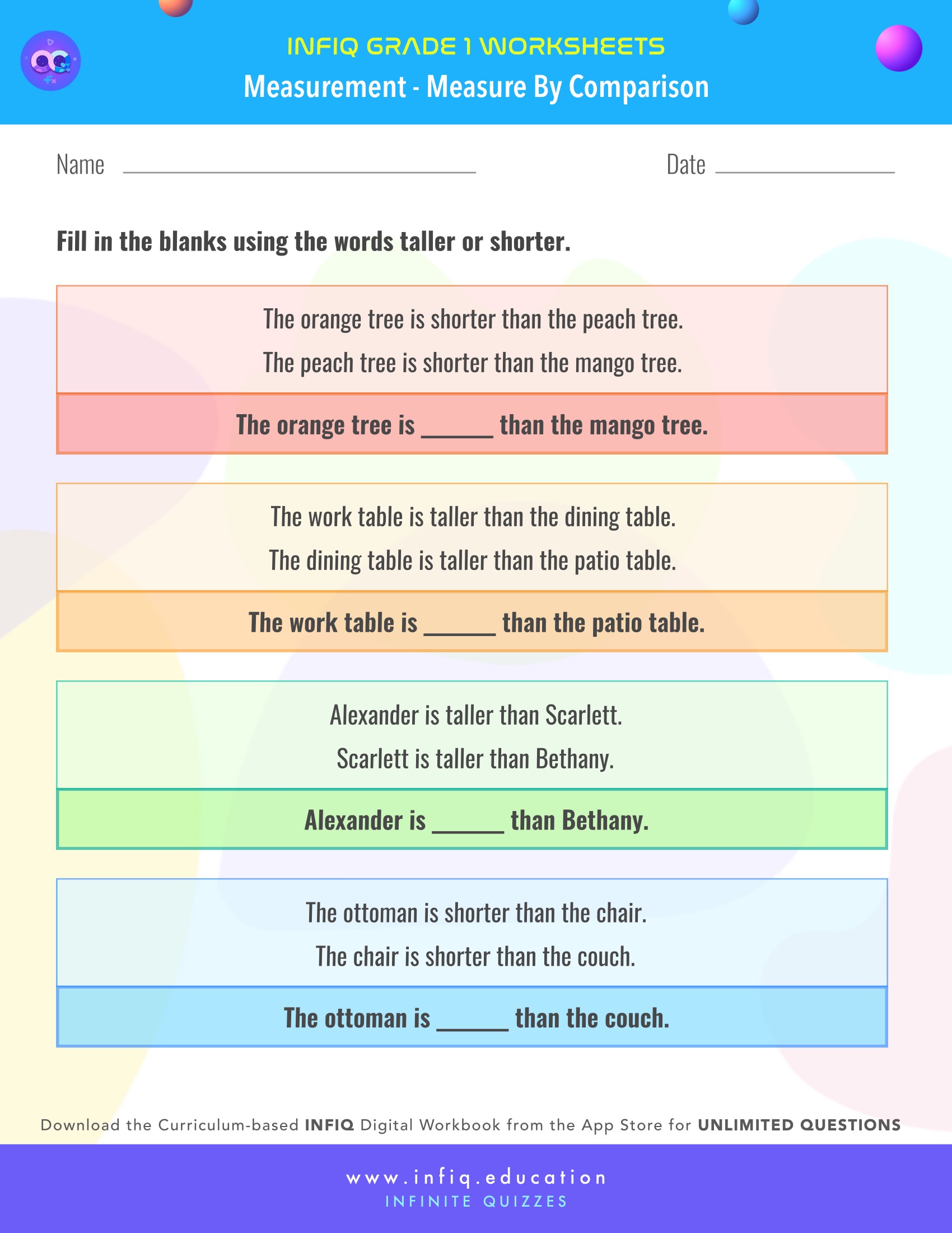 INFIQ | GRADE 1 Math Worksheets- Measurement - Measure By Comparison