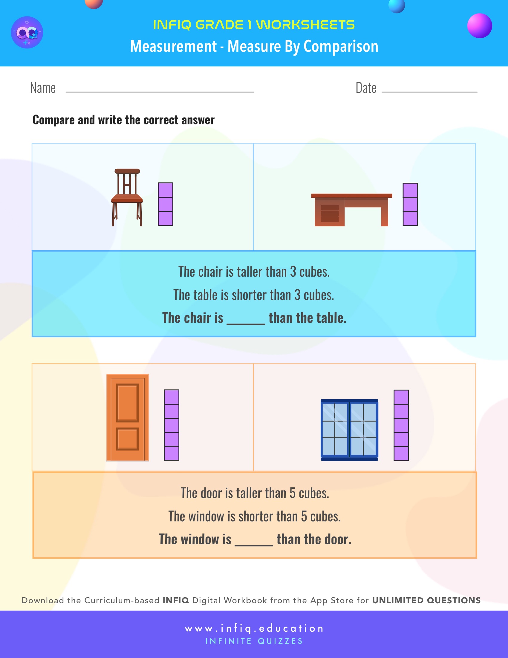 INFIQ | GRADE 1 Math Worksheets- Measurement - Measure By Comparison