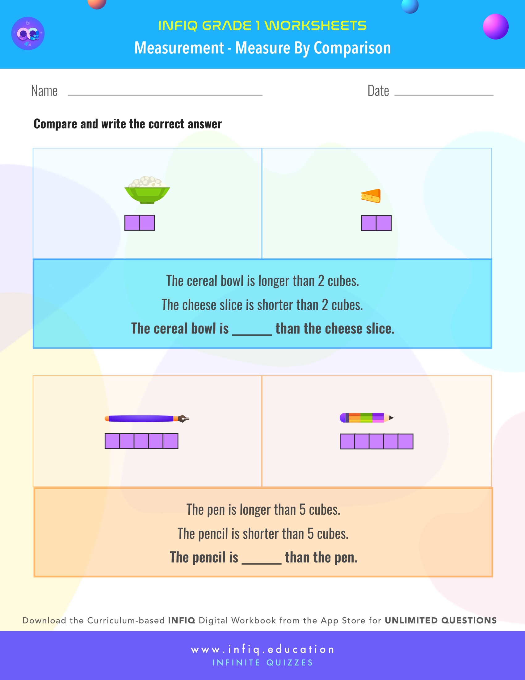 INFIQ | GRADE 1 Math Worksheets- Measurement - Measure By Comparison