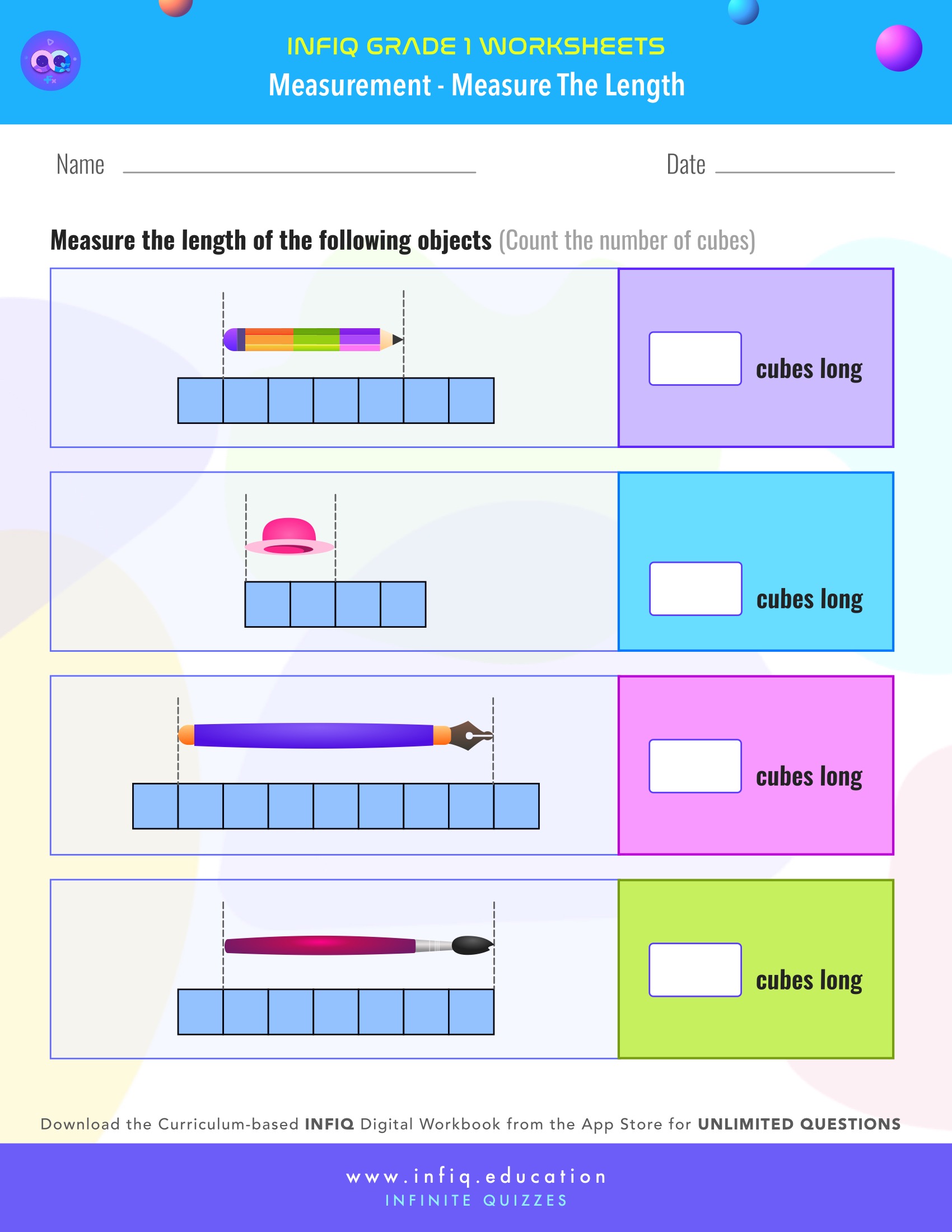 INFIQ | GRADE 1 Math Worksheets- Measurement - Measure the Length