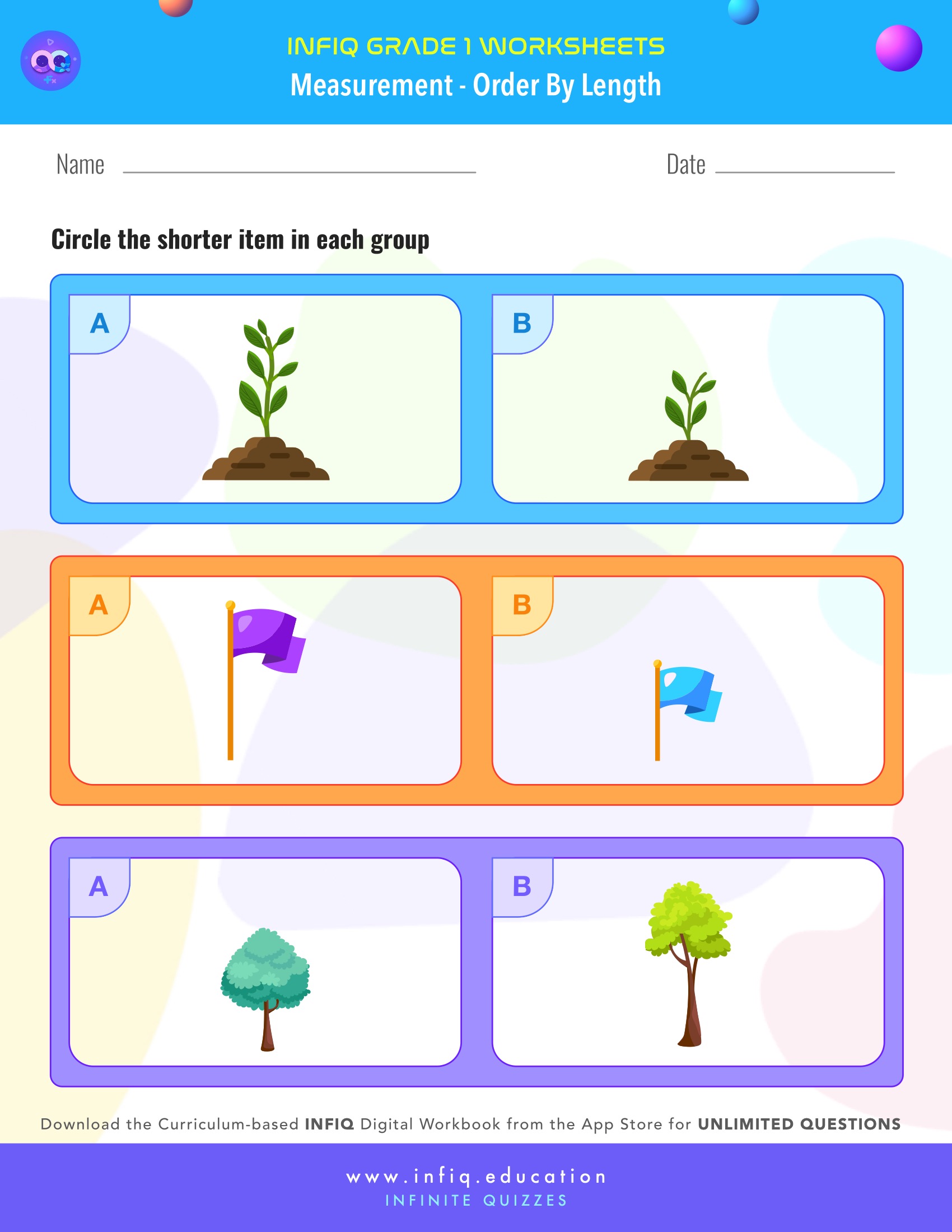 INFIQ | GRADE 1 Math Worksheets- Measurement - Order By Length