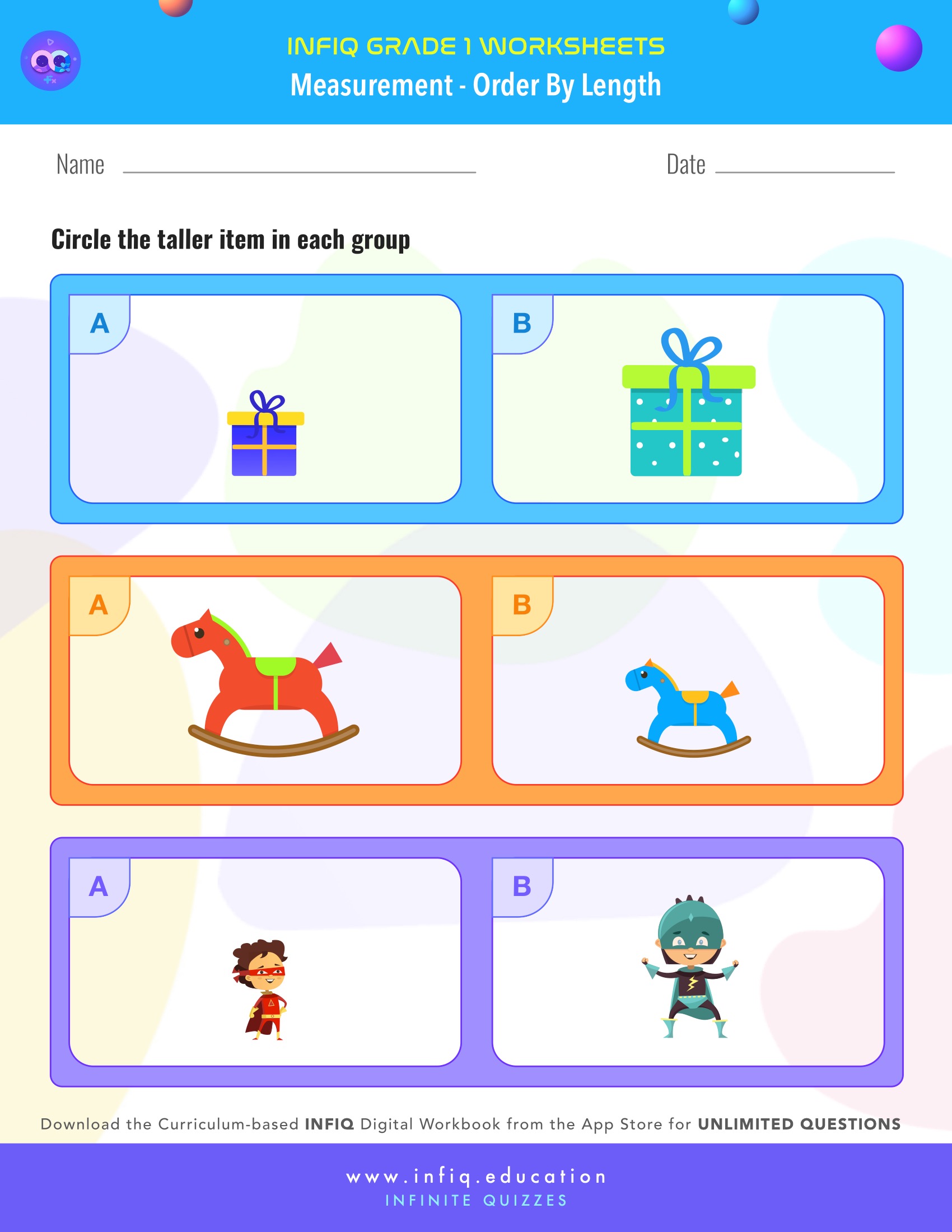 INFIQ | GRADE 1 Math Worksheets- Measurement - Order By Length