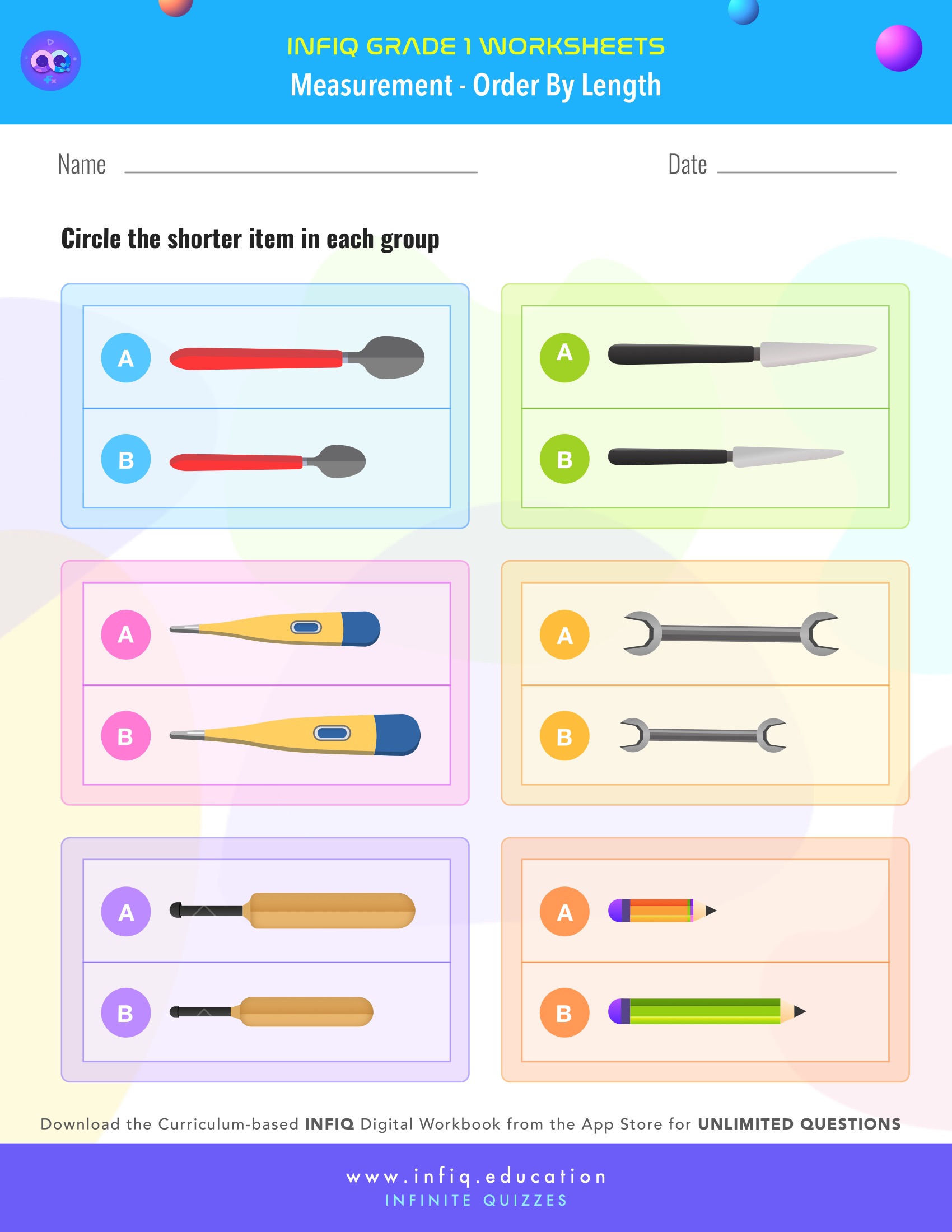 INFIQ | GRADE 1 Math Worksheets- Measurement - Order By Length