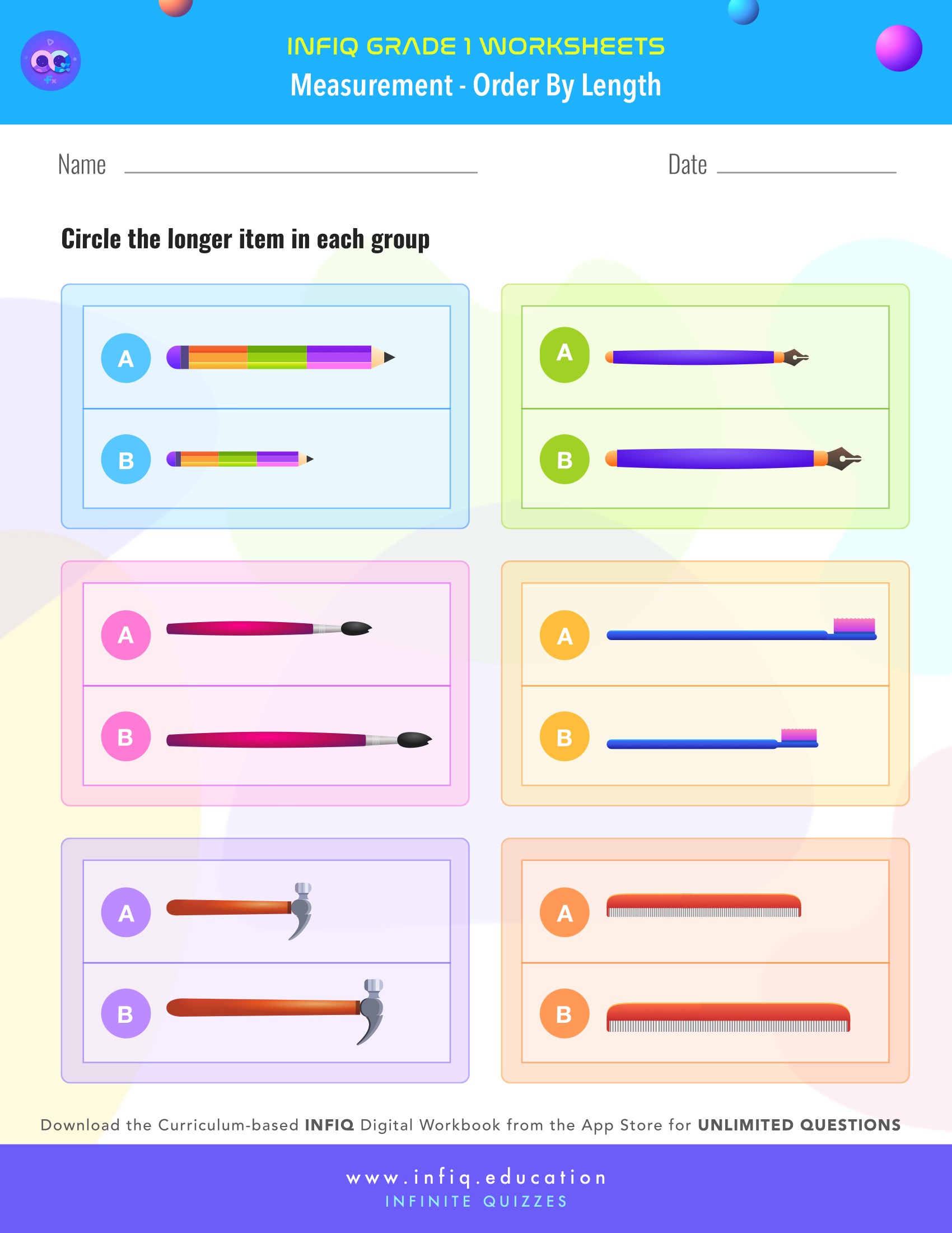 INFIQ | GRADE 1 Math Worksheets- Measurement - Order By Length