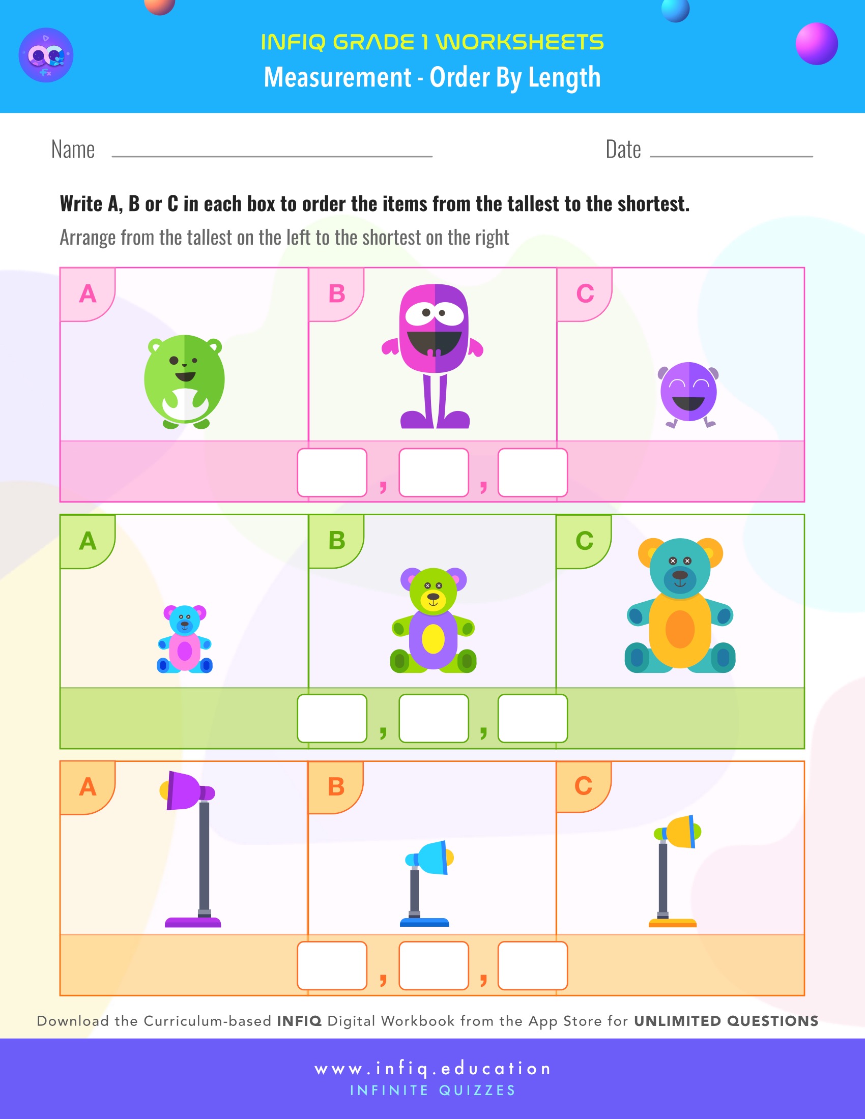 INFIQ | GRADE 1 Math Worksheets- Measurement - Order By Length