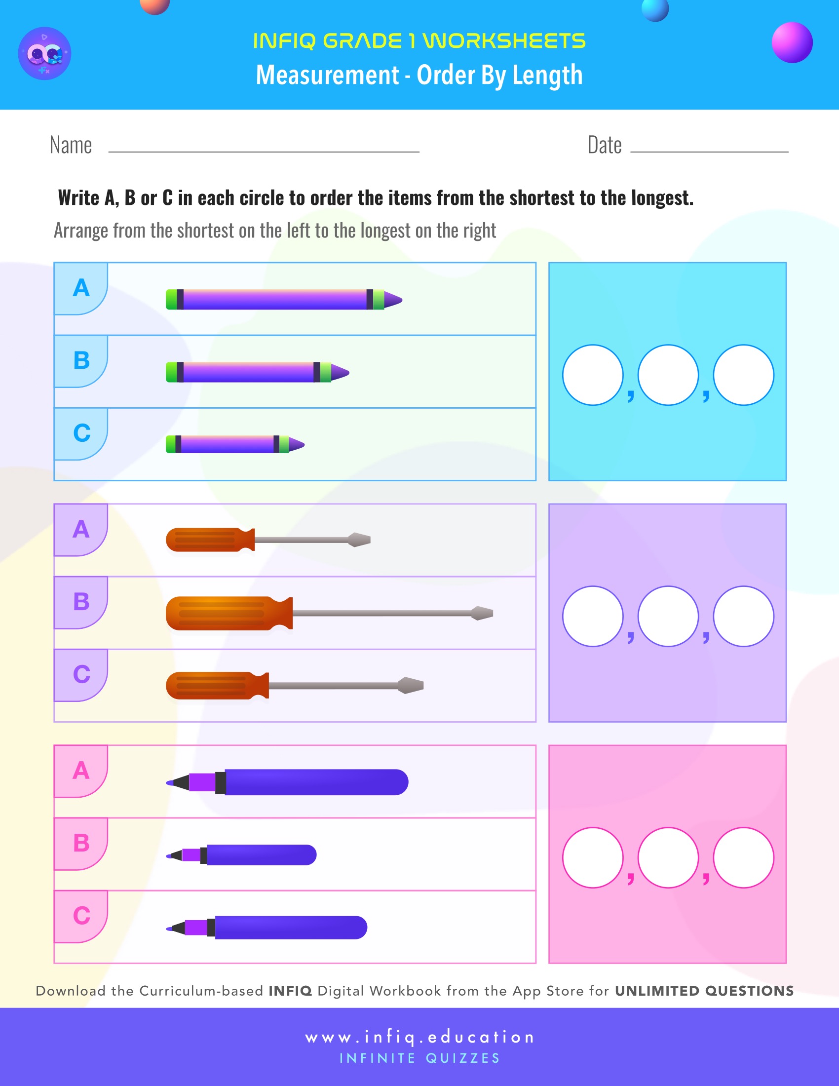 INFIQ | GRADE 1 Math Worksheets- Measurement - Order By Length