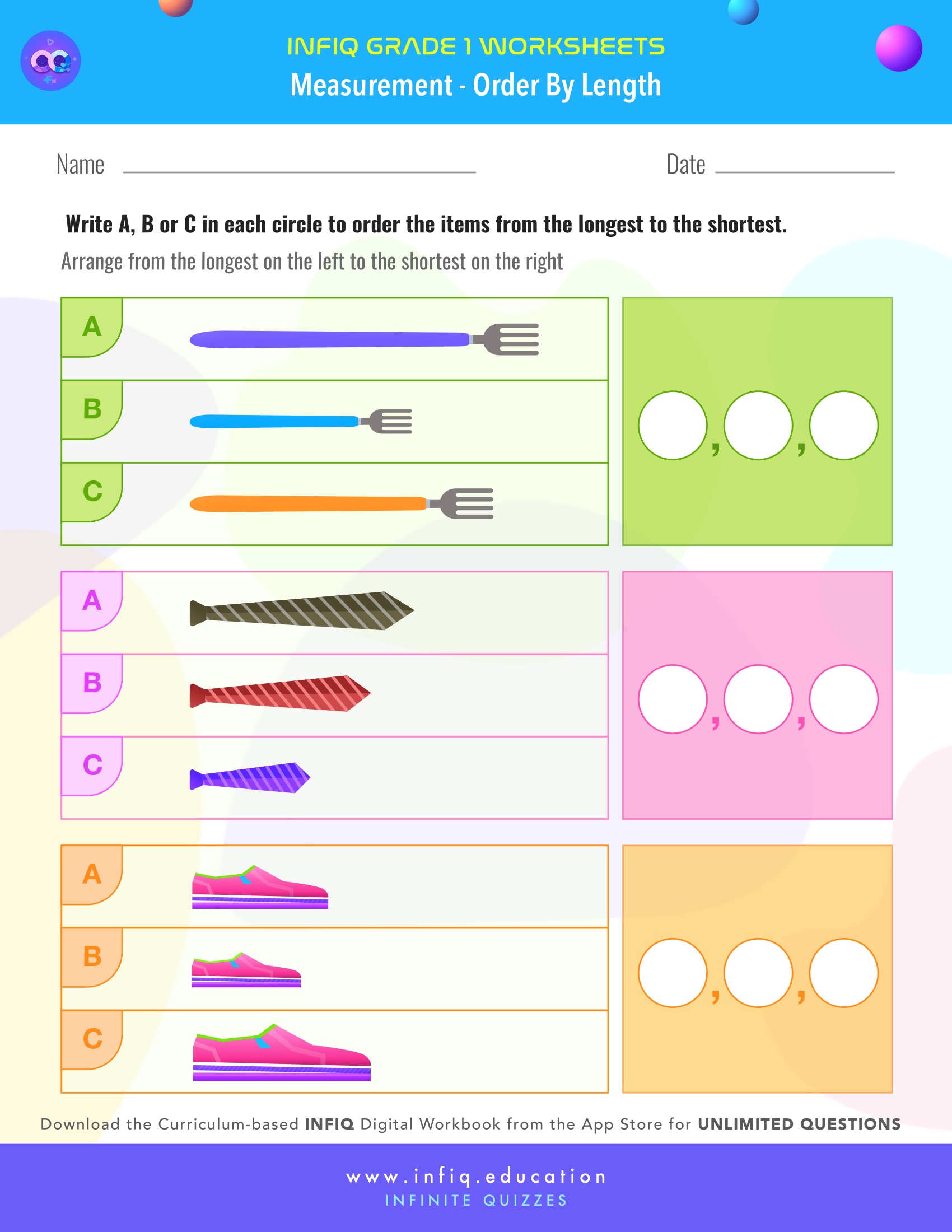 INFIQ | GRADE 1 Math Worksheets- Measurement - Order By Length