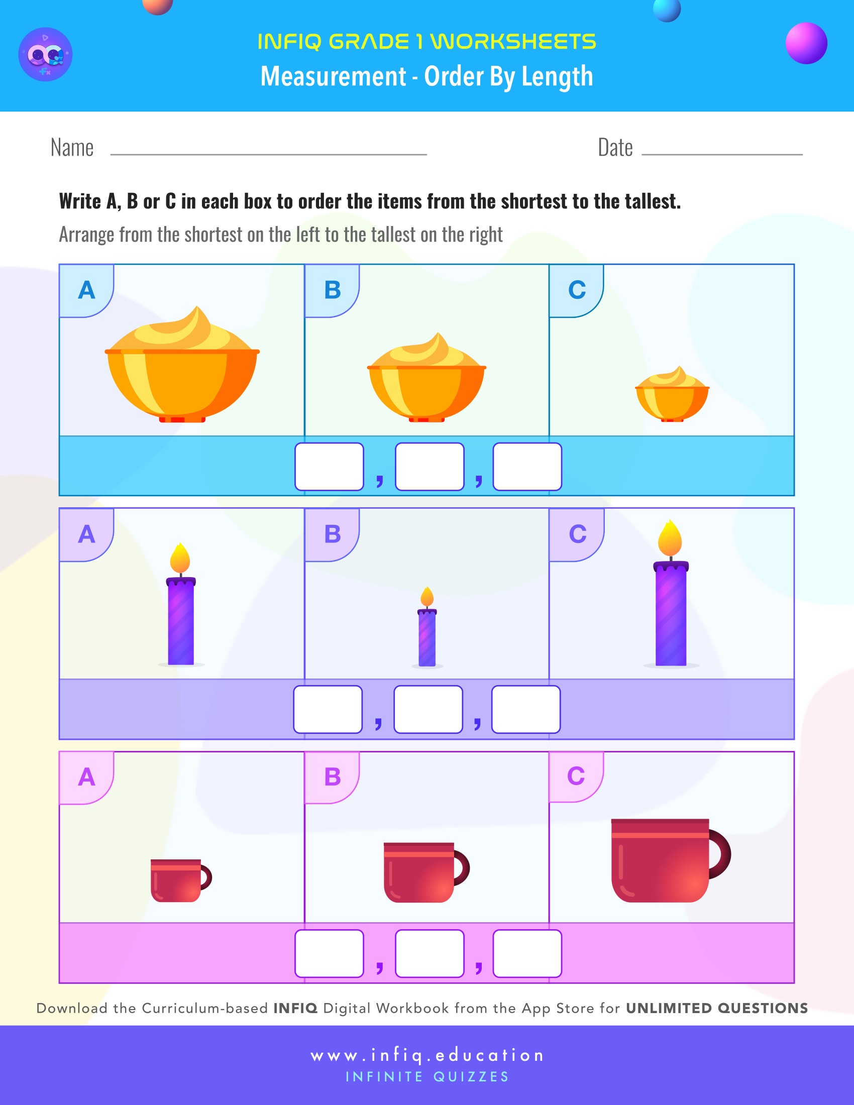 INFIQ | GRADE 1 Math Worksheets- Measurement - Order By Length