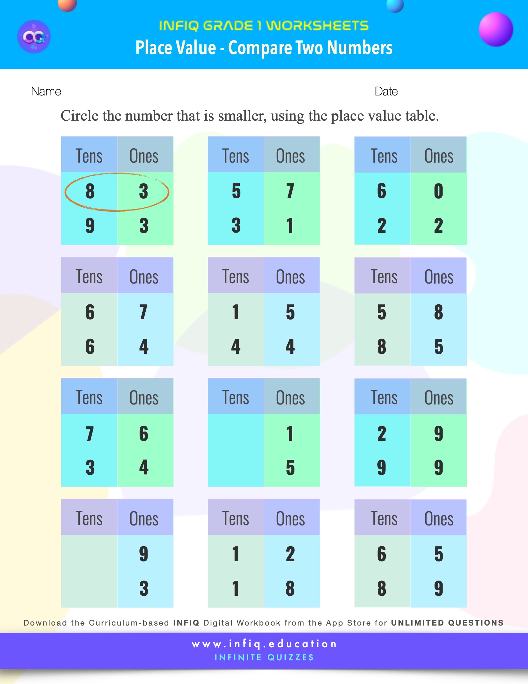 INFIQ | GRADE 1 Math Worksheets- Place Value - Compare Two Numbers