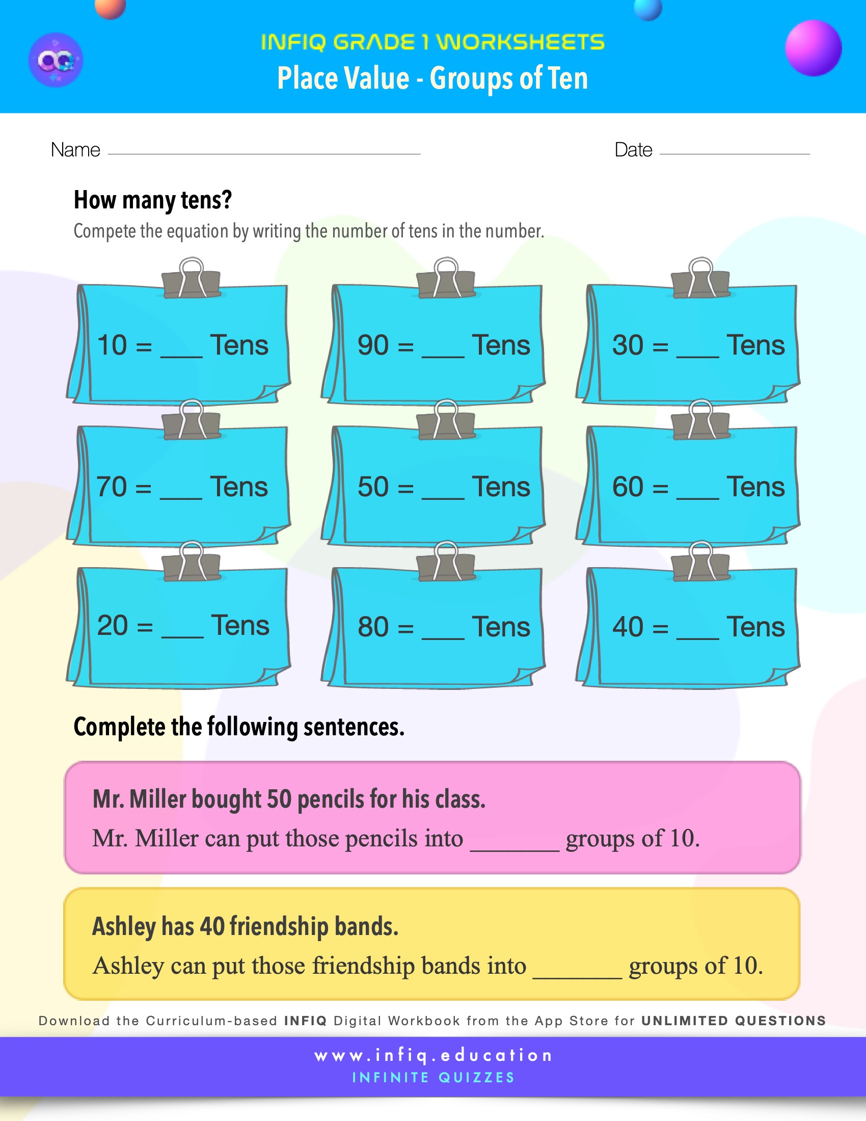 INFIQ | GRADE 1 Math Worksheets- Place Value - Groups of Ten