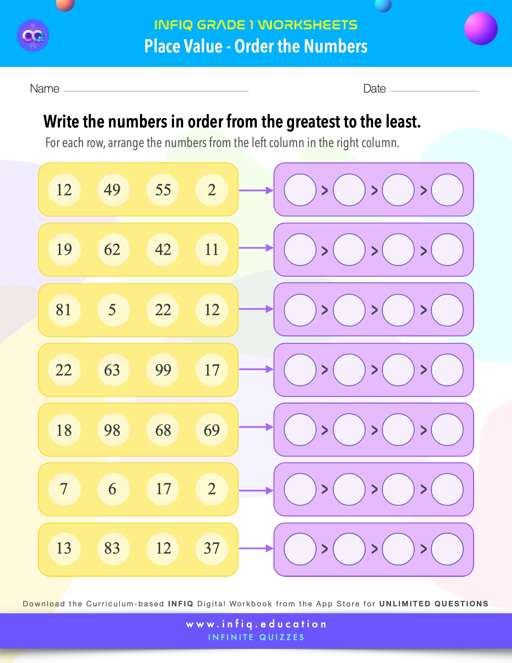 INFIQ | GRADE 1 Math Worksheets- Place Value - Order the Numbers
