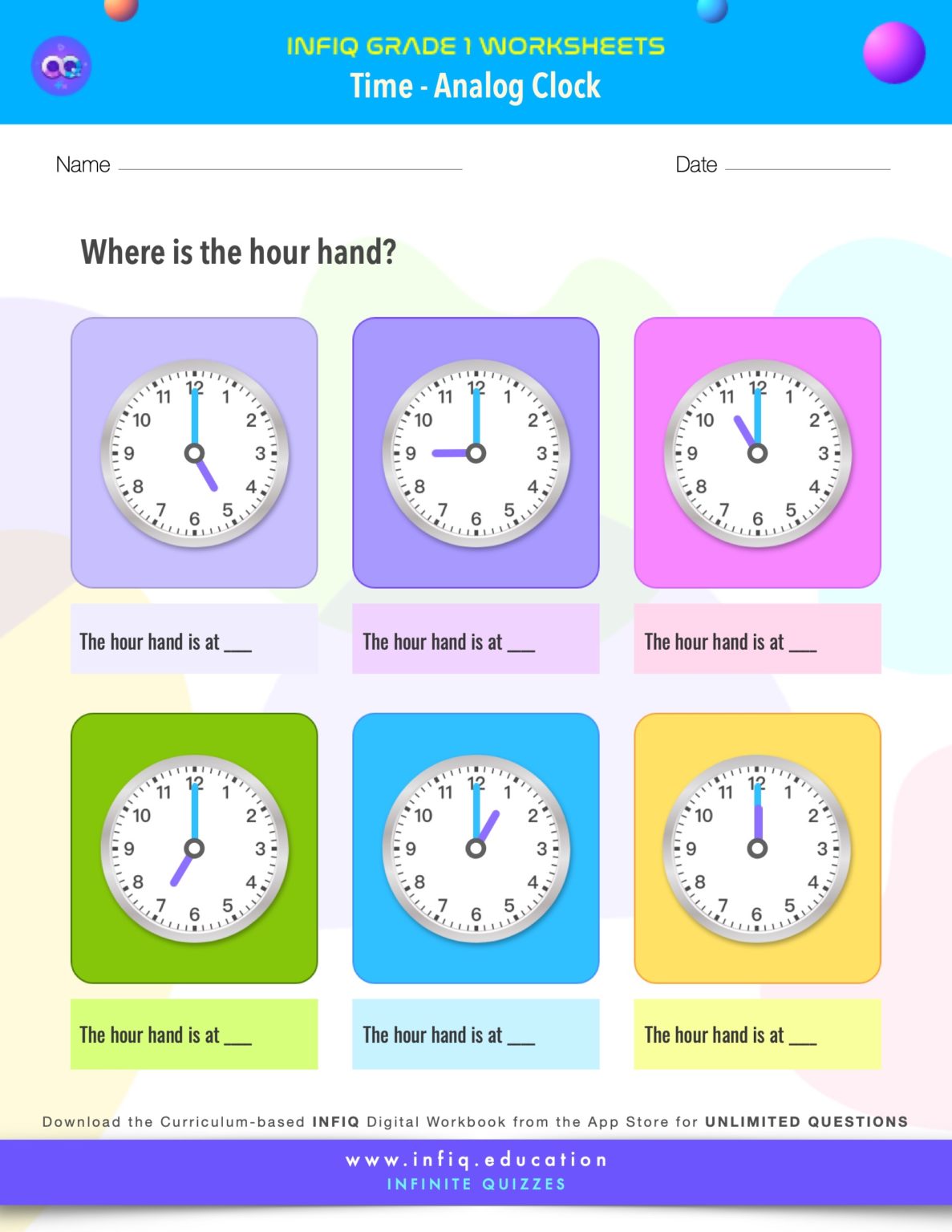 INFIQ | GRADE 1 Math Worksheets- Time - Analog Clock