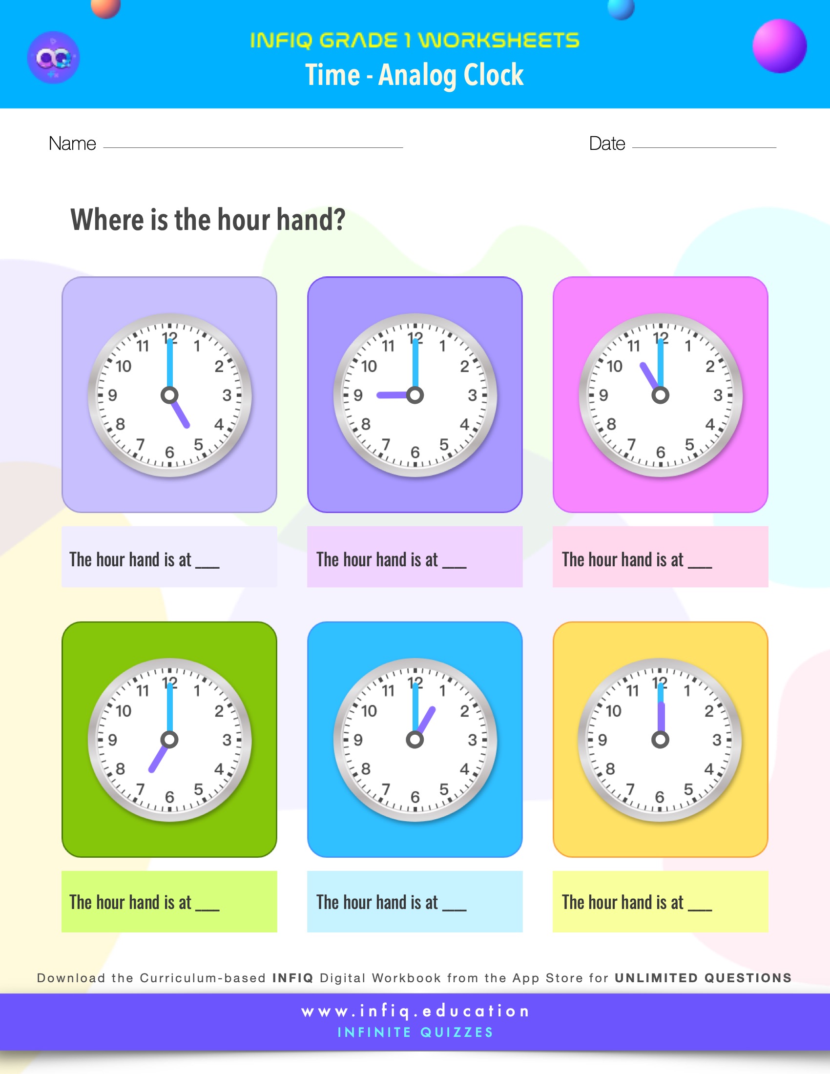 INFIQ | GRADE 1 Math Worksheets- Time - Analog Clock