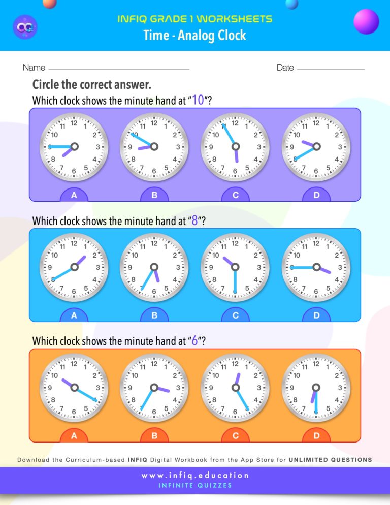 INFIQ | GRADE 1 Math Worksheets- Time - Analog Clock