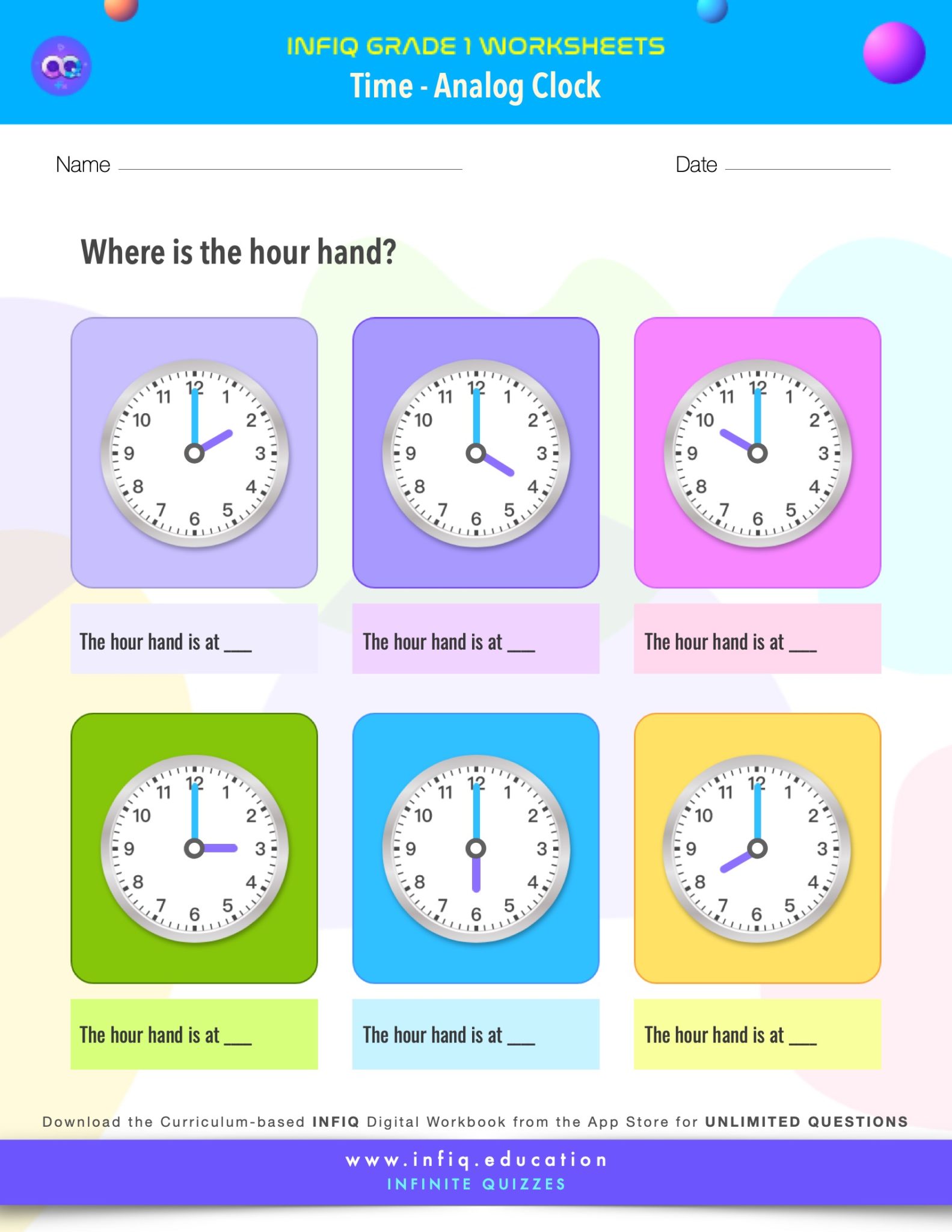 INFIQ | GRADE 1 Math Worksheets- Time - Analog Clock