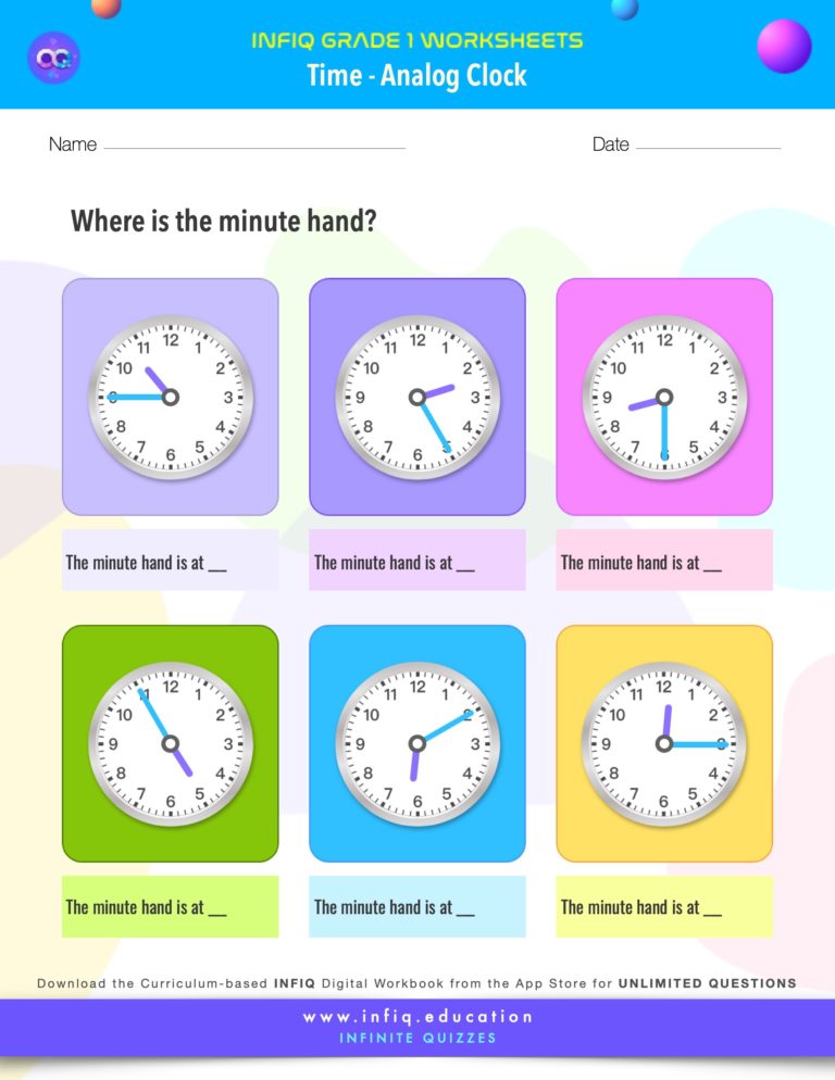 INFIQ | GRADE 1 Math Worksheets- Time - Analog Clock