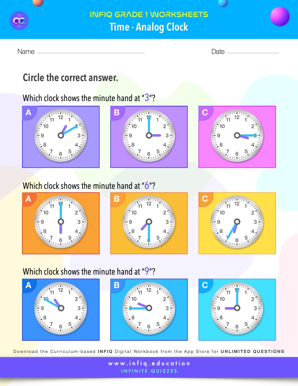 INFIQ | GRADE 1 Math Worksheets- Time - Analog Clock