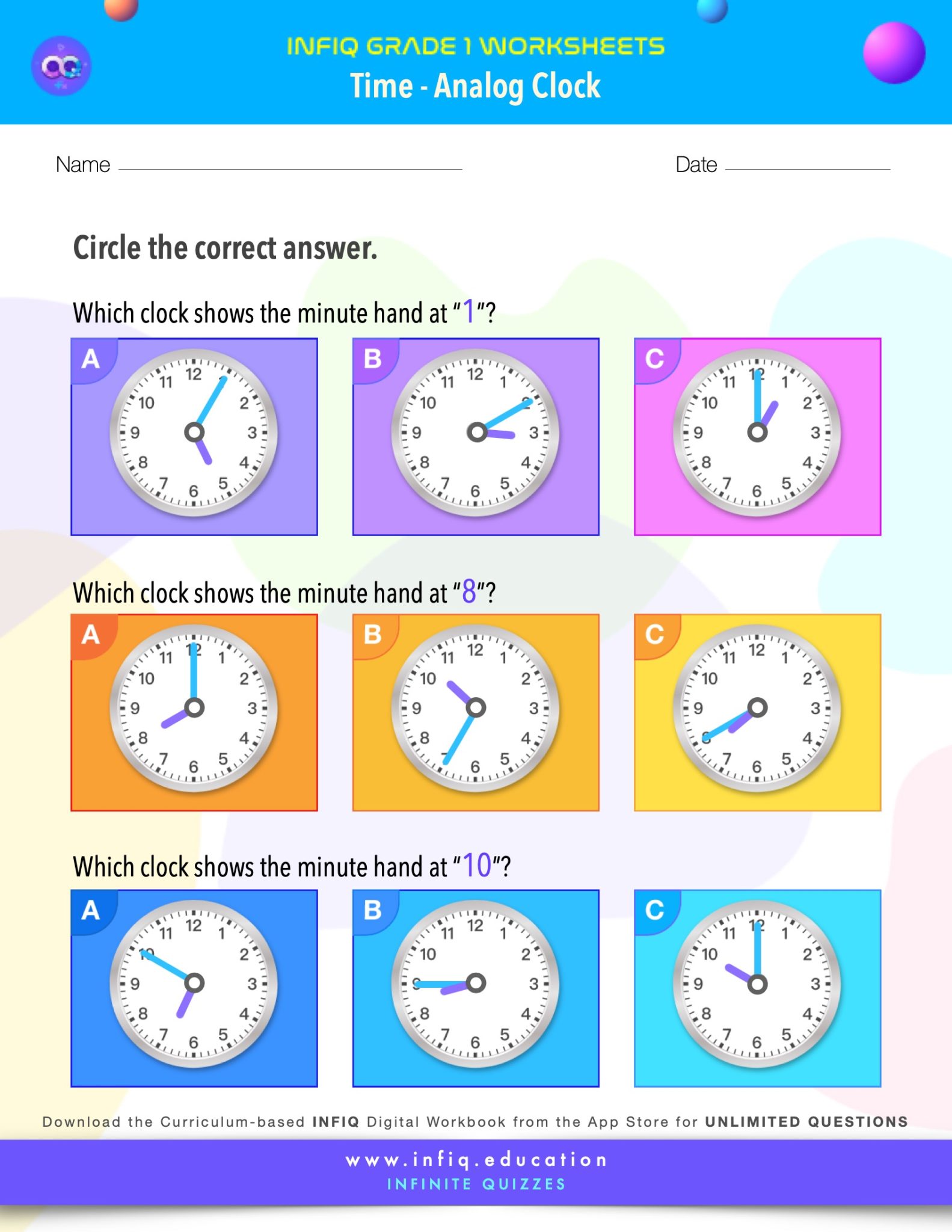 INFIQ | GRADE 1 Math Worksheets- Time - Analog Clock