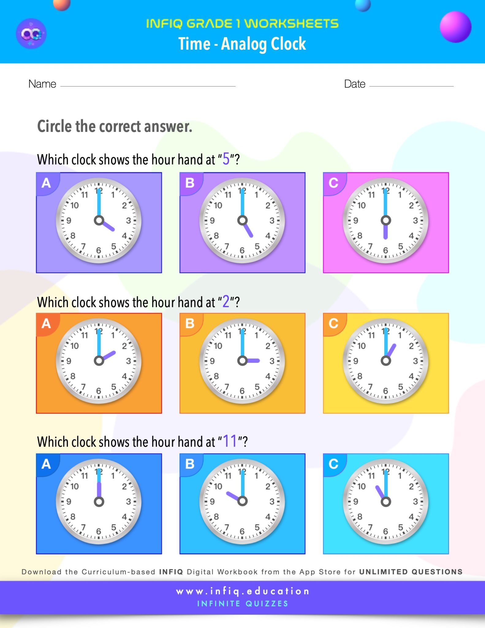 INFIQ | GRADE 1 Math Worksheets- Time - Analog Clock