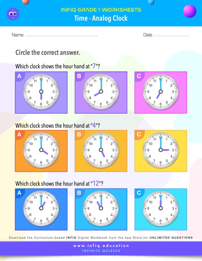 INFIQ | GRADE 1 Math Worksheets- Time - Analog Clock