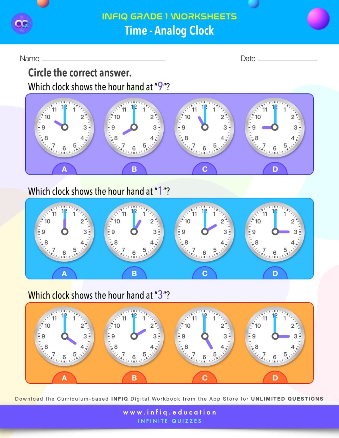 INFIQ | GRADE 1 Math Worksheets- Time - Analog Clock