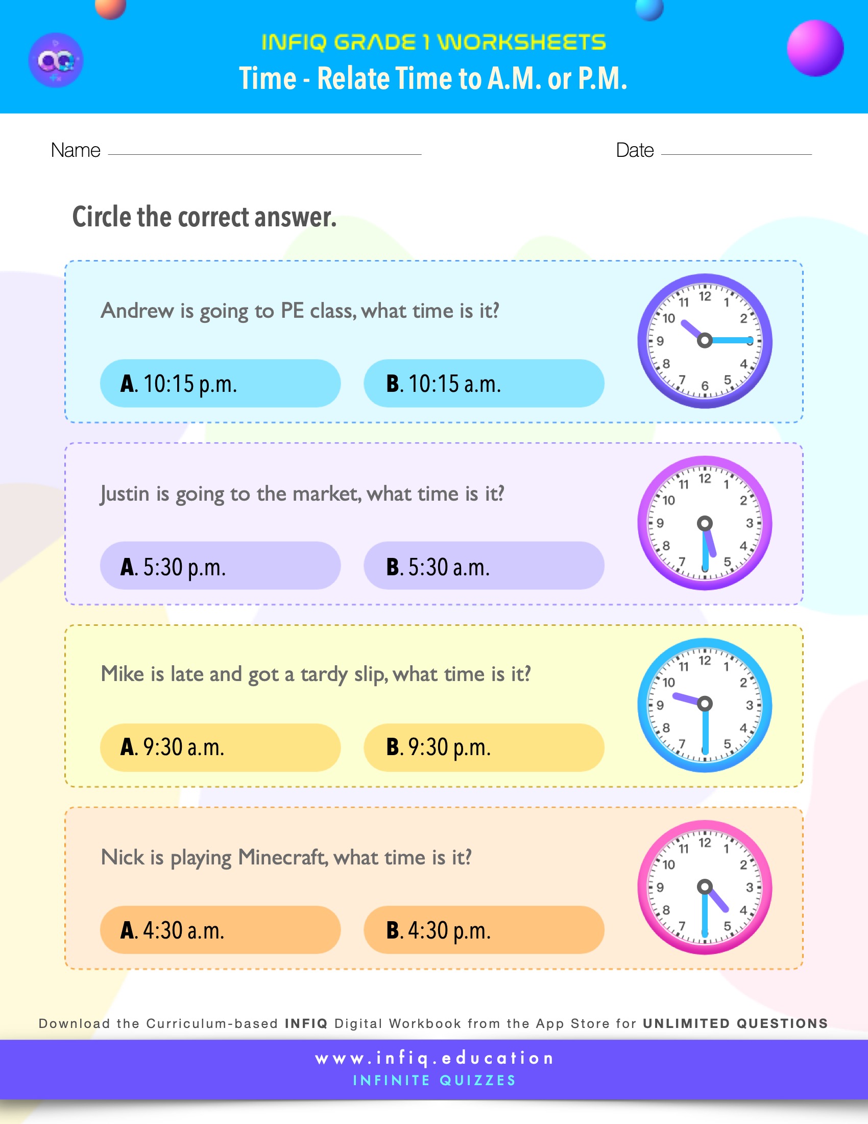 INFIQ | GRADE 1 Math Worksheets- Time - Relate Time to a.m. or p.m.
