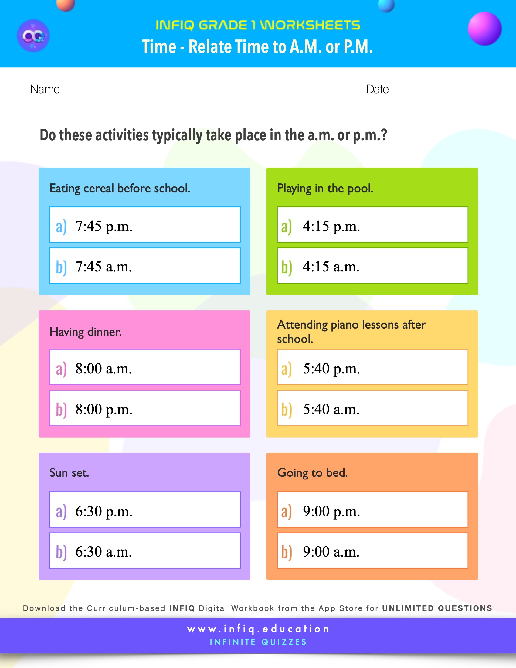 INFIQ | GRADE 1 Math Worksheets- Time - Relate Time to a.m. or p.m.