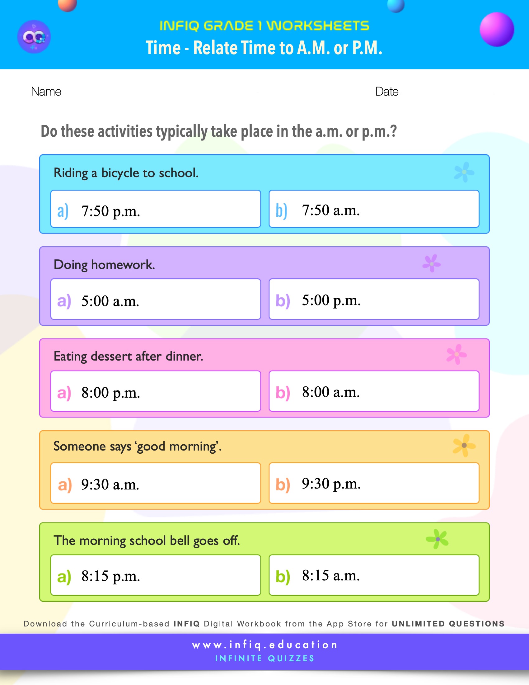 INFIQ | GRADE 1 Math Worksheets- Time - Relate Time to a.m. or p.m.