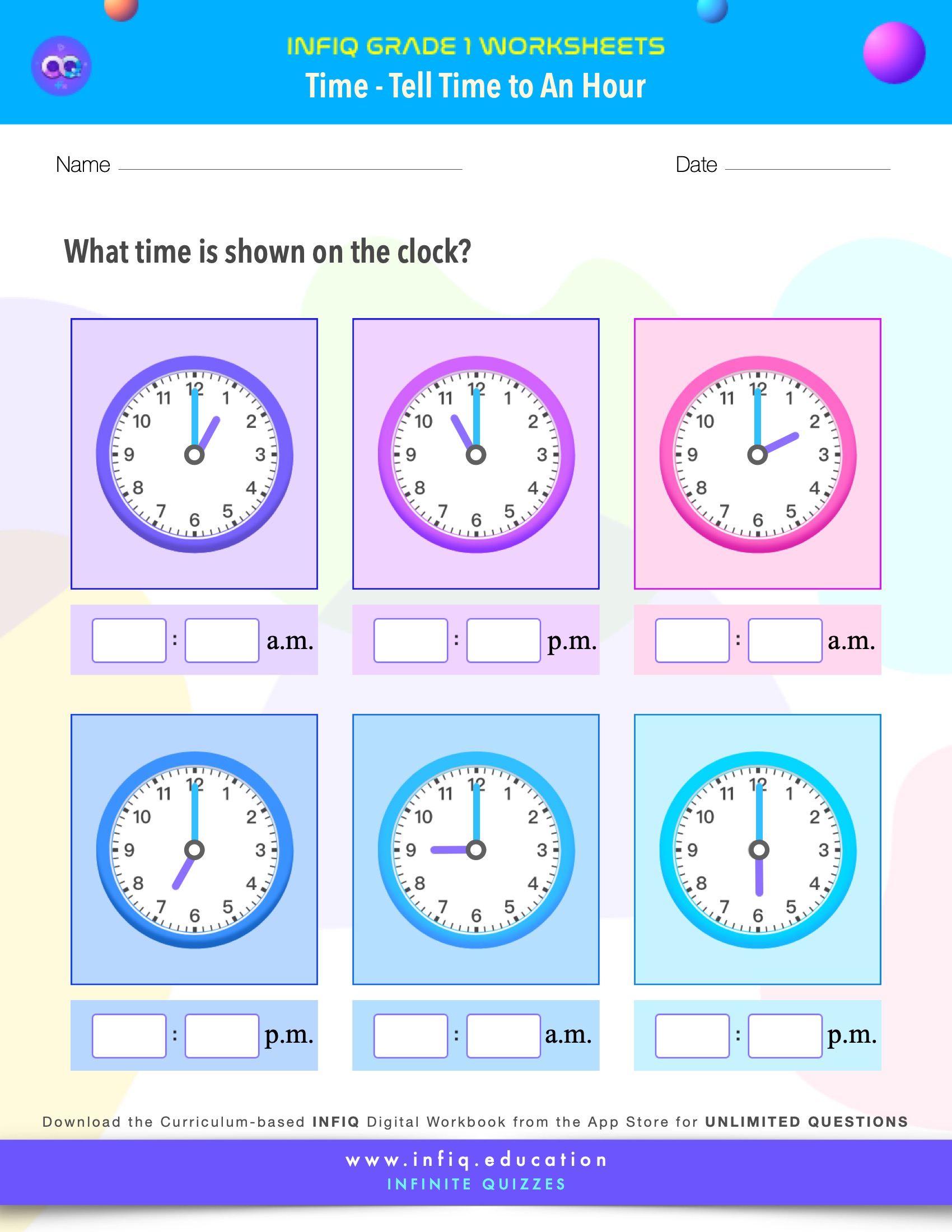 INFIQ | GRADE 1 Math Worksheets- Time - Tell Time to An Hour