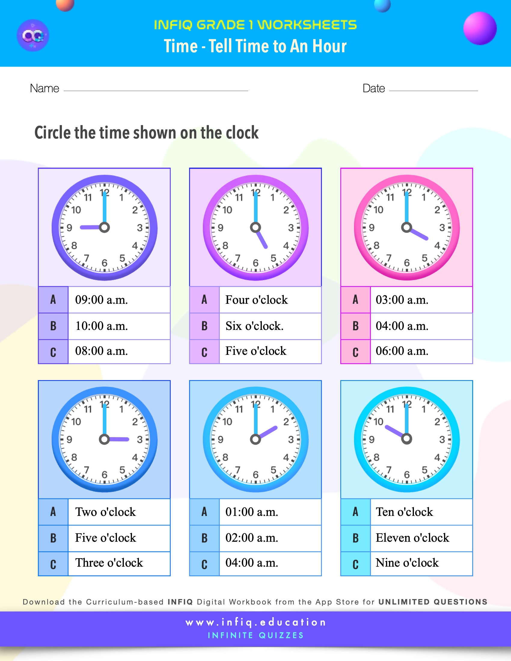 INFIQ | GRADE 1 Math Worksheets- Time - Tell Time to An Hour
