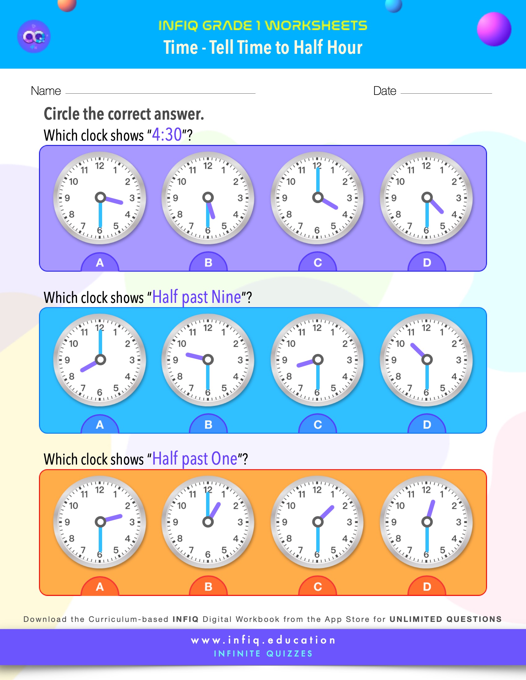 INFIQ | GRADE 1 Math Worksheets- Time - Tell Time to Half Hour