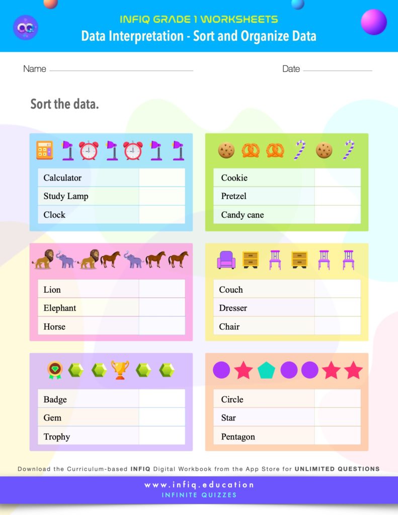 INFIQ | GRADE 1 Math Worksheets- Data Interpretation - Sort & Organize Data INFIQ | GRADE 1 Math Worksheets- Data Interpretation - Sort & Organize Data
