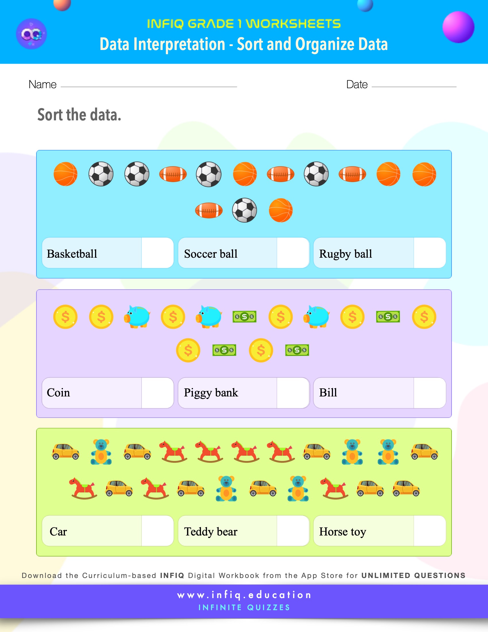 INFIQ | GRADE 1 Math Worksheets- Data Interpretation - Sort & Organize Data